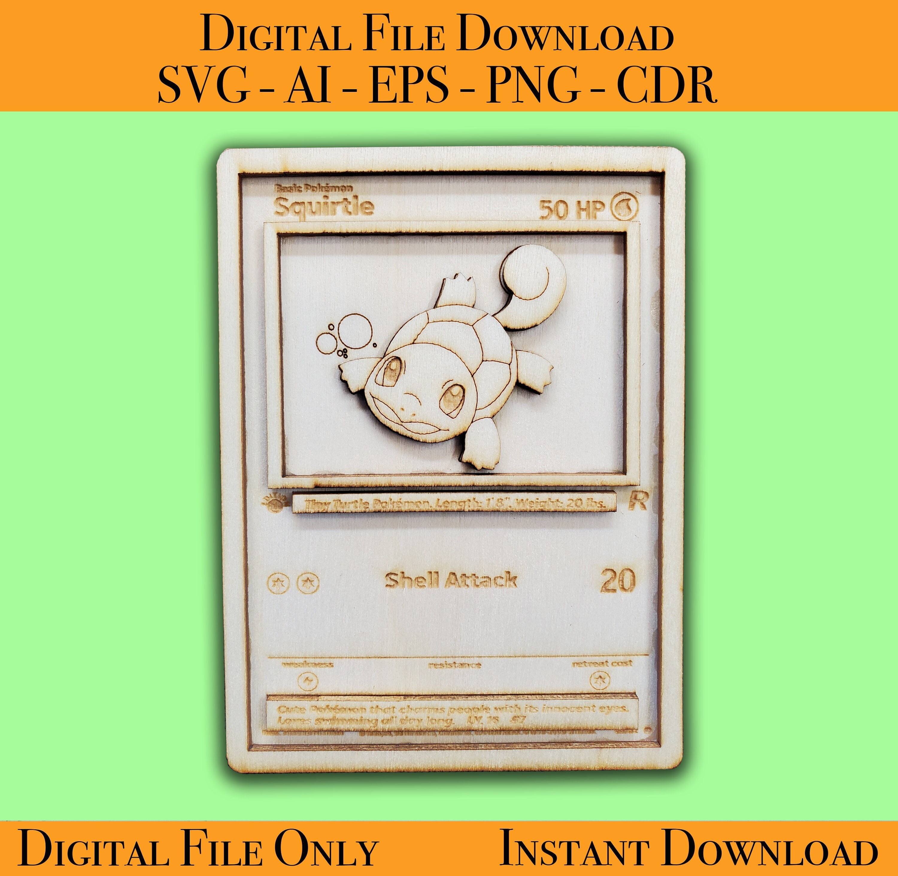 Squirtle Pokemon Card Laser File Vector Ready for Wood Glowforge, Light ...