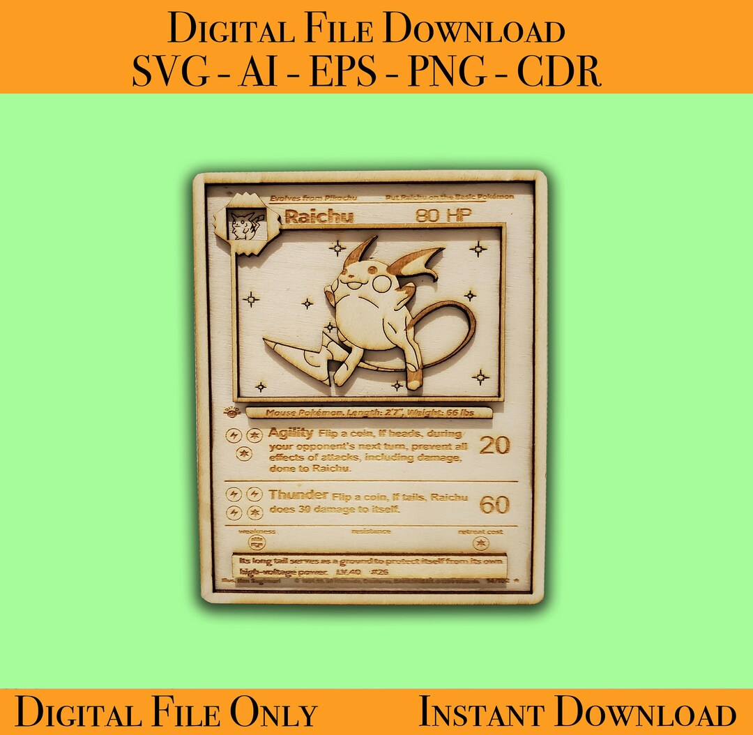 Raichu Pokemon Card Laser Cutter Files Vector Ready for Wood Glowforge ...