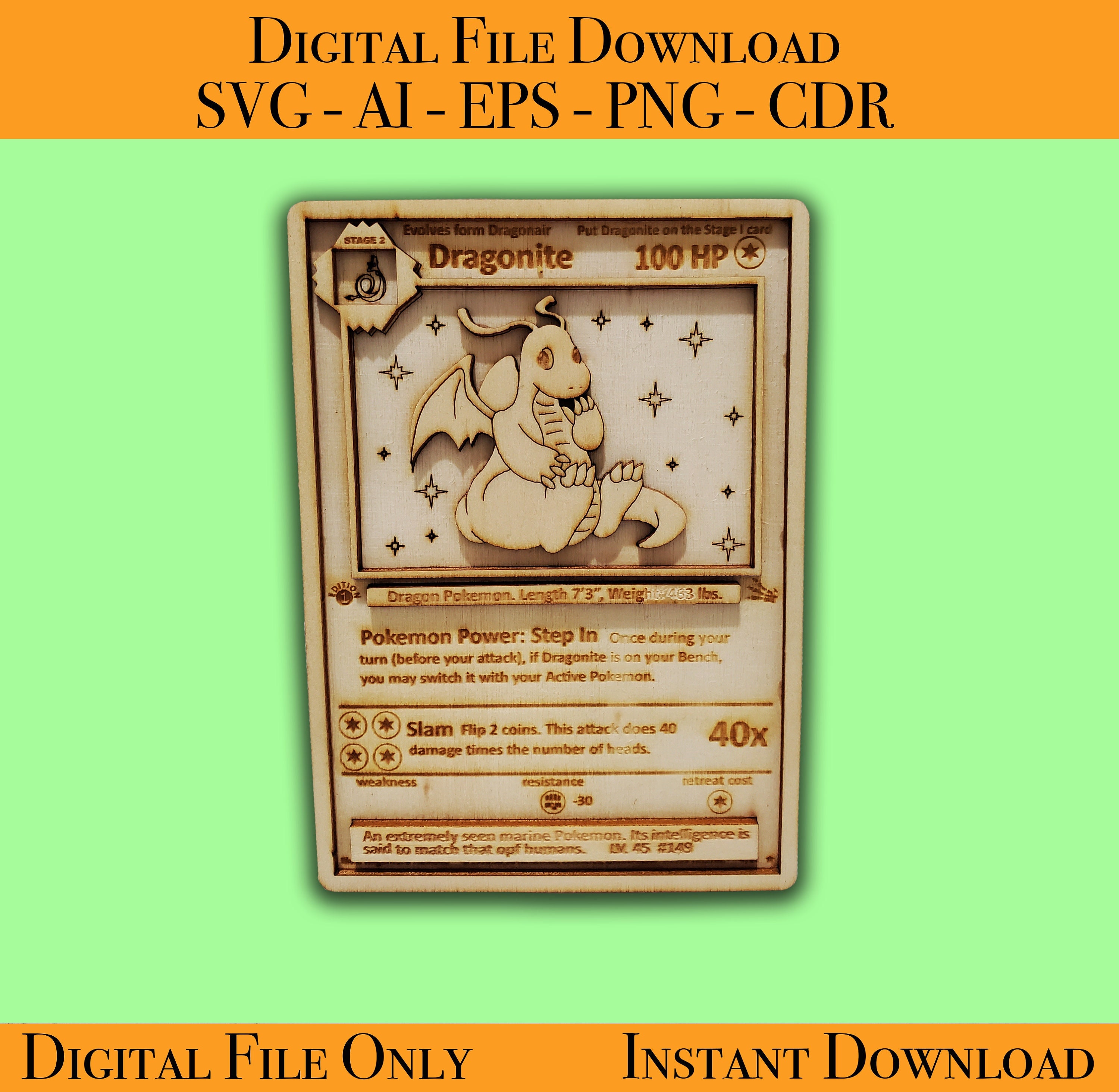Dragonite Pokemon Card Laser Cutter Files Vector Ready for Wood ...