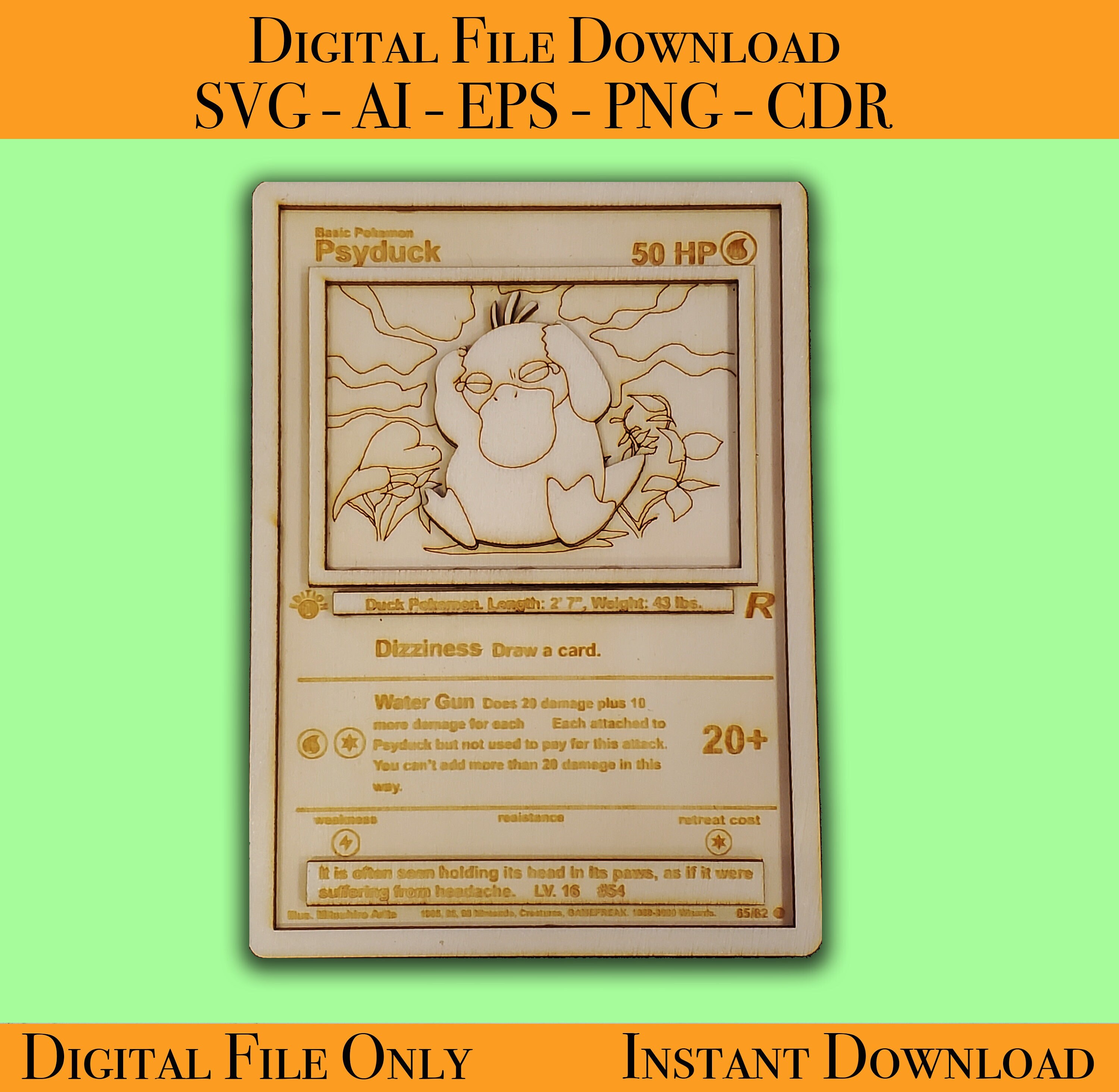 Psyduck Card Laser Cutter Files Vector for Wood Glowforge, Light Burn ...