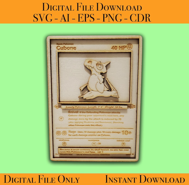 Cubone Pokemon Card Laser File Vector Ready for Wood Glowforge, Light ...