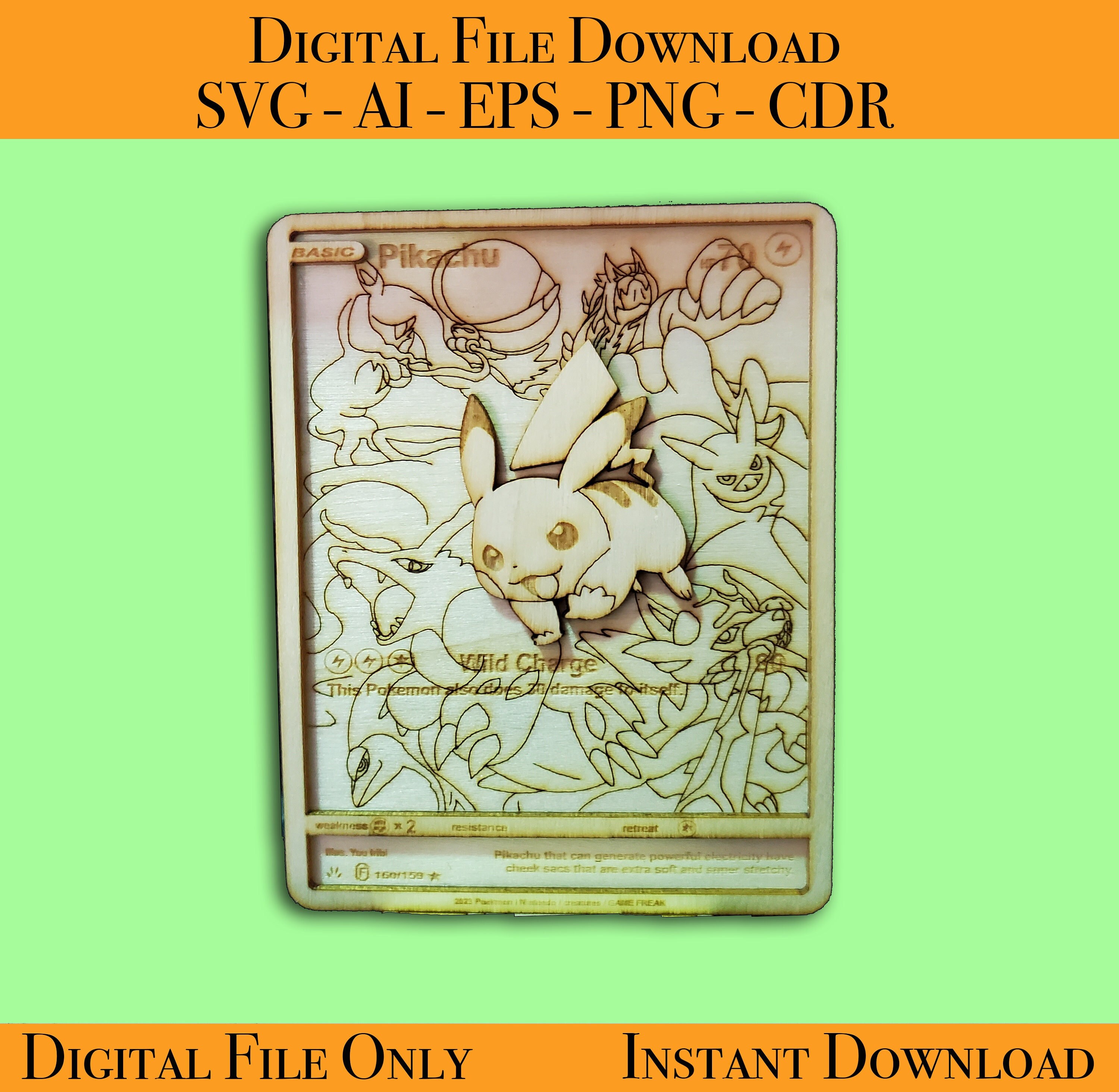 Pikachu Pokemon Card Laser Cutter Files Vector Ready for Wood Glowforge ...