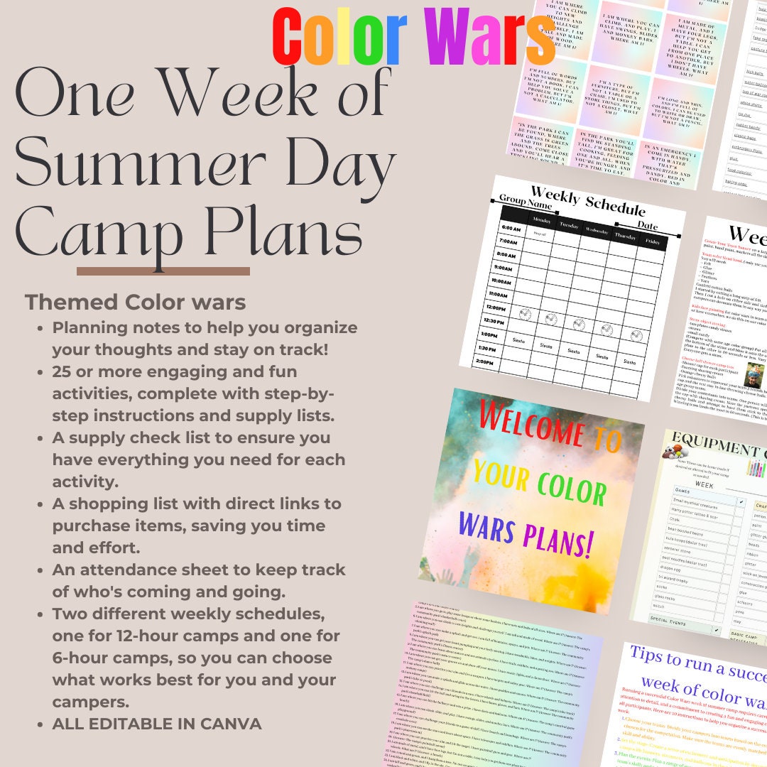 Summer Camp Plans Color Wars One Week Summer Day Camp 5-12 - Etsy