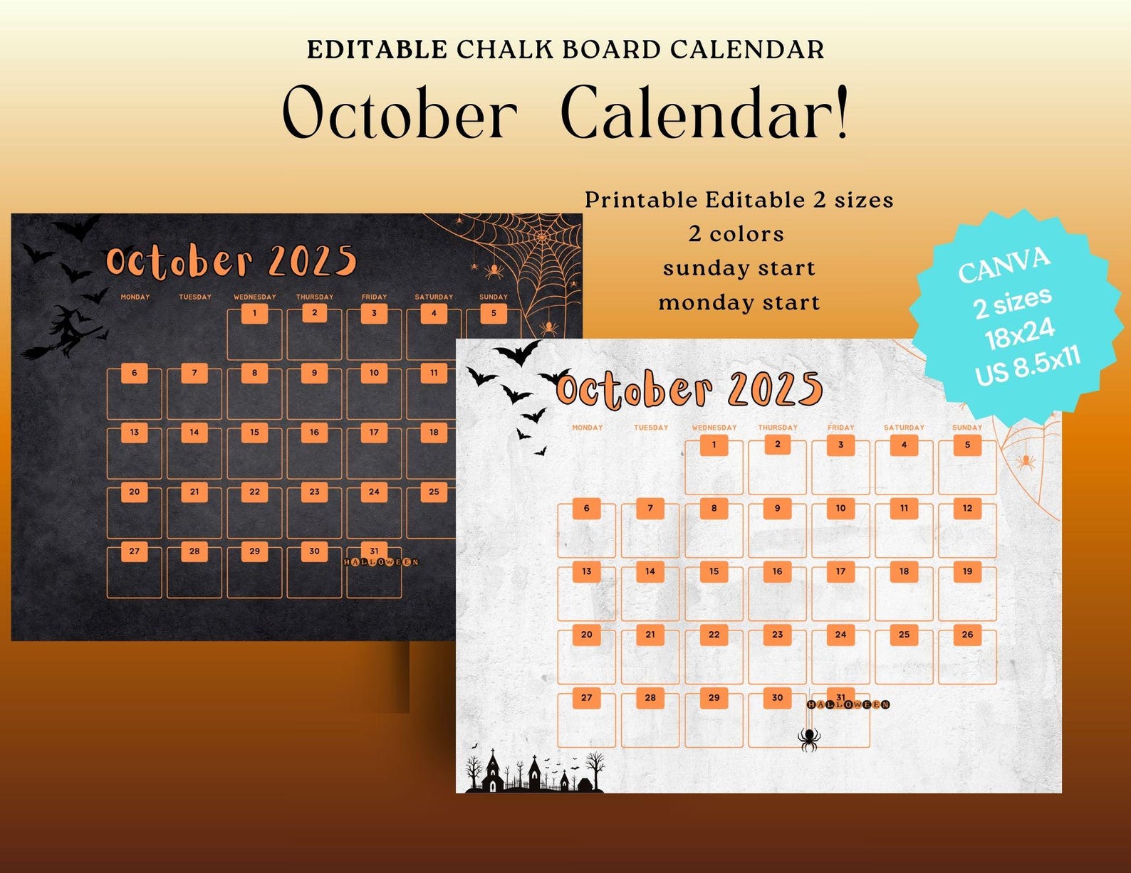 October Calendar EDITABLE/ Printable October Canva Calendar Fully ...