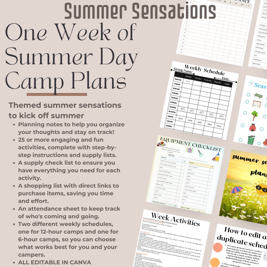 Summer Day Camp Plans One Week Age 5-12 Summer Sensations - Etsy