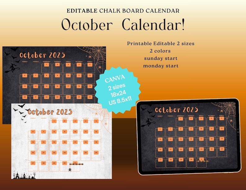 October Calendar EDITABLE/ Printable October Canva Calendar Fully ...