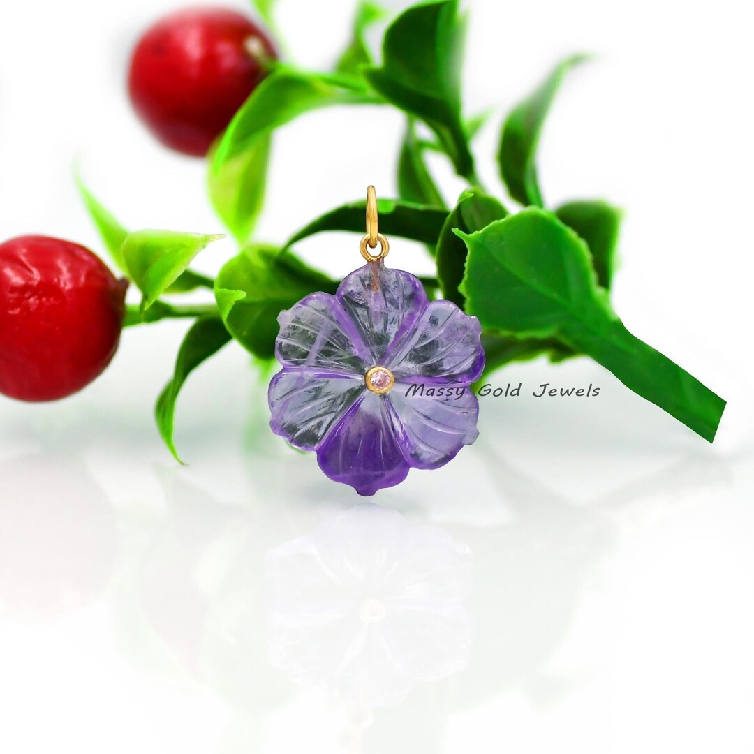14K Gold Amethyst Flower Pendant, Hand Carving Flower Charm, Carved ...