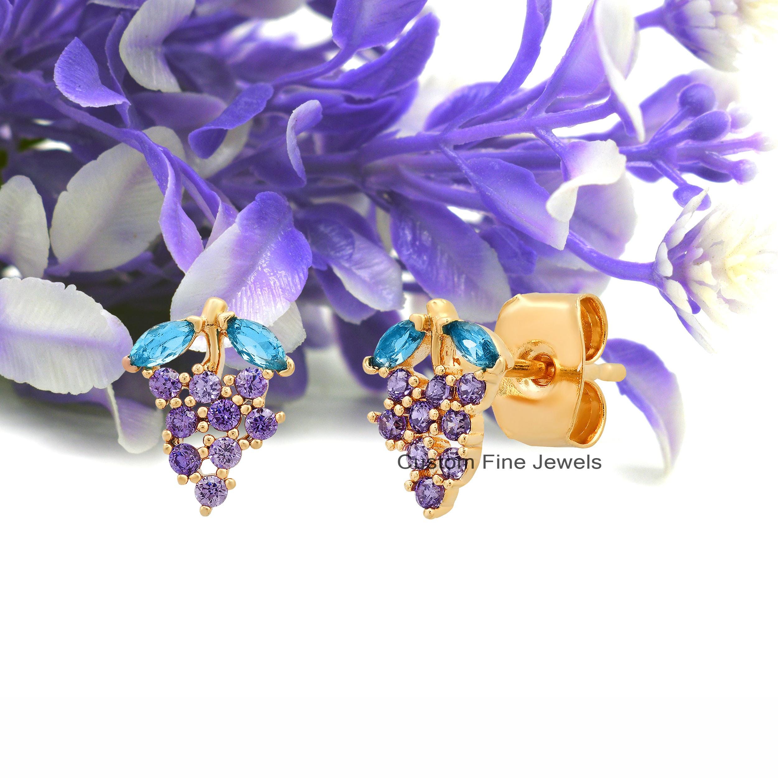 925 Silver Gemstone Grapes Studs Earrings, Amethyst & Blue Topaz Grapes ...