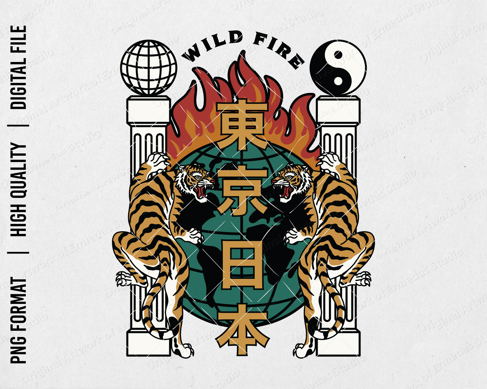Tigers With Globe and Yin Yang Symbols on Pillars | Transparent PNG ...