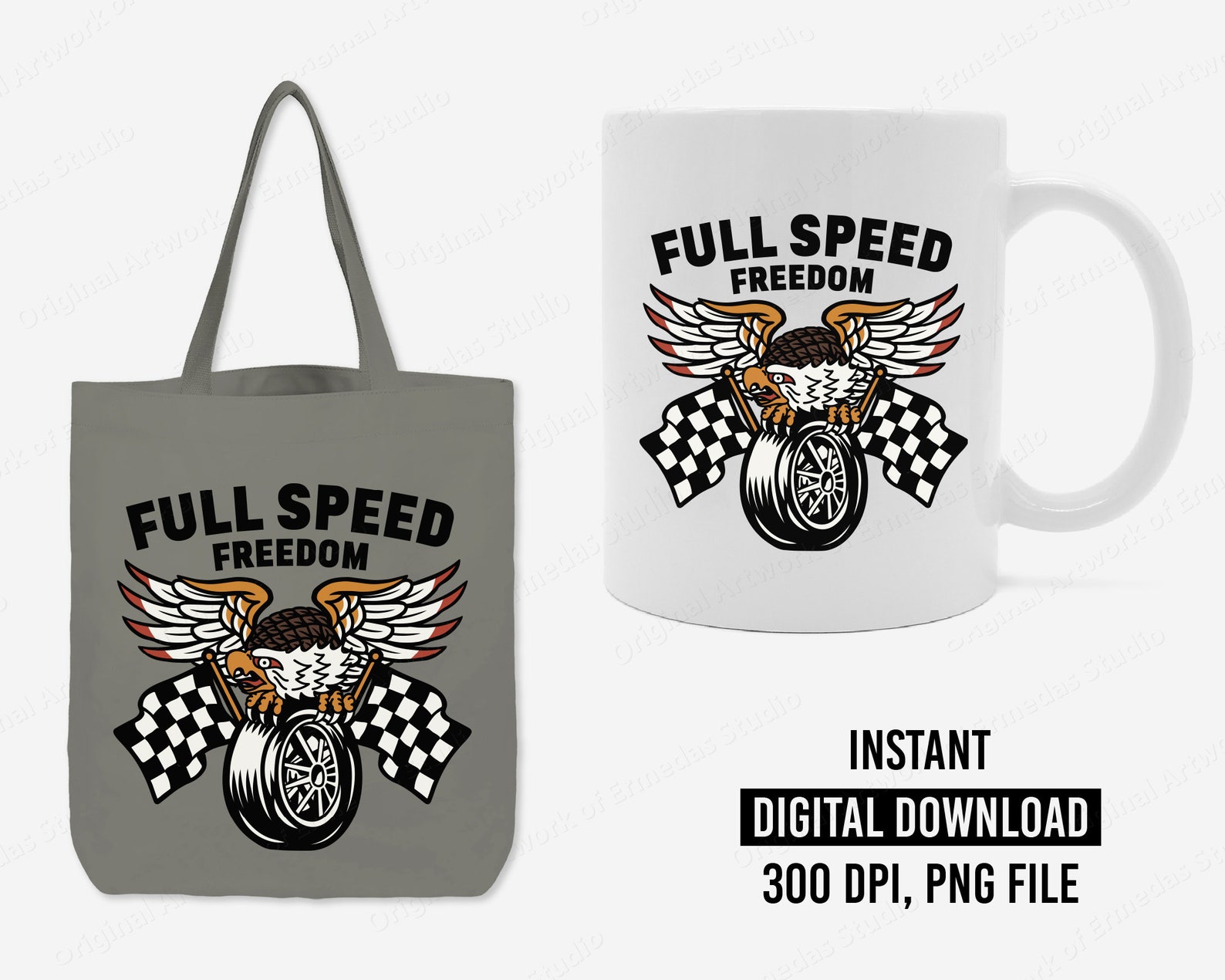Eagle on Motorcycle Tyre Between Two Racing Flags | Transparent PNG ...