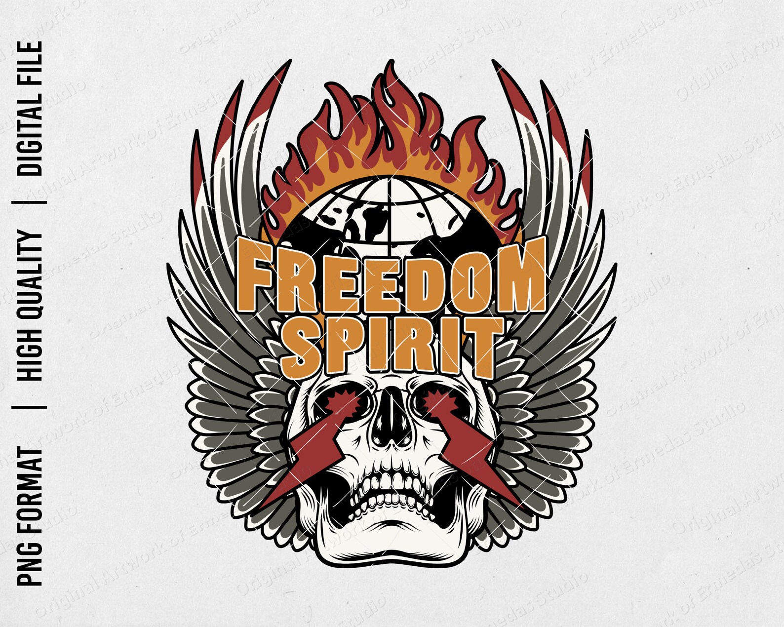 Lightning Eyed Skull With Wings and Globe Print | Transparent PNG File ...
