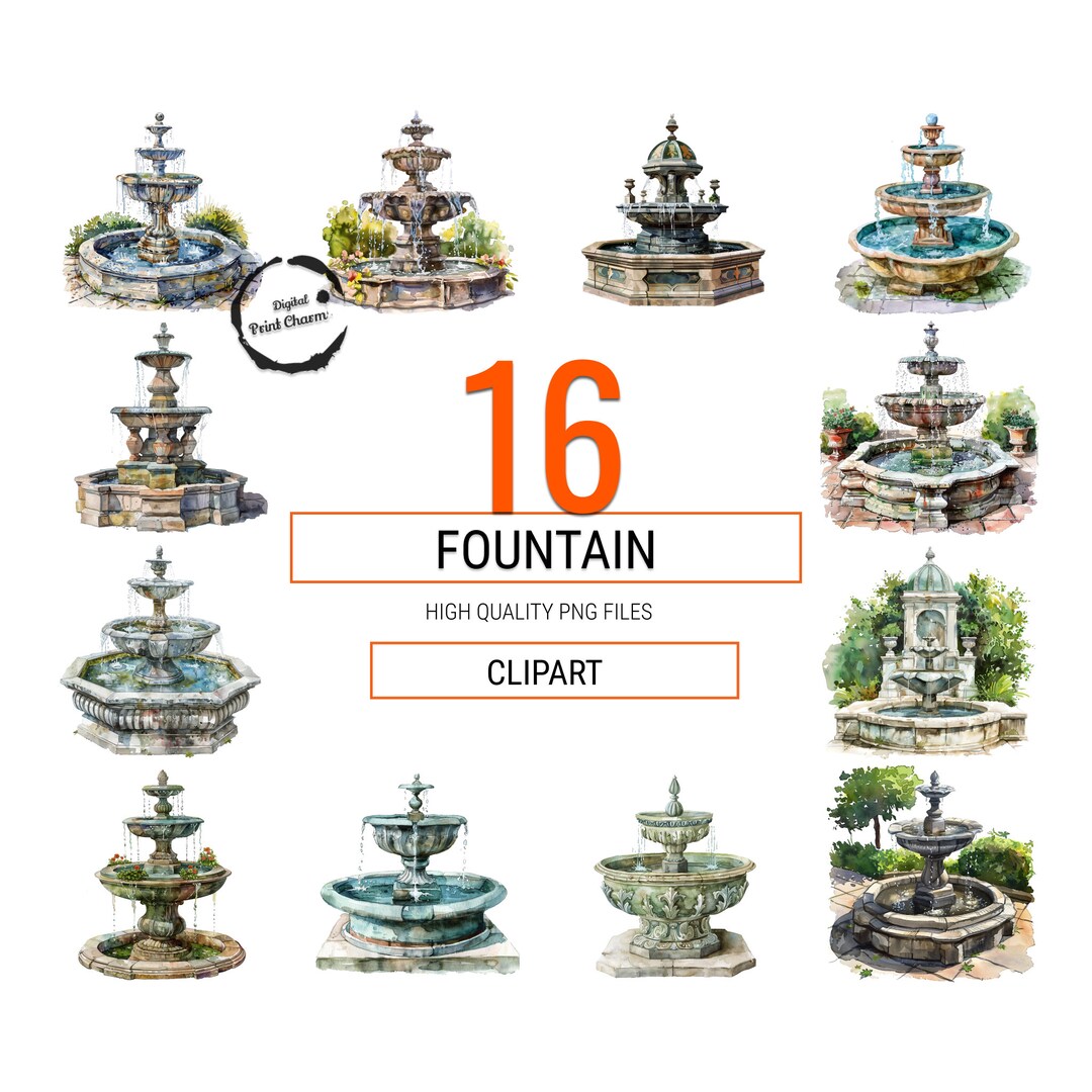 Renaissance Fountain Clipart Bundle | 16 Realistic Historic Fountain ...
