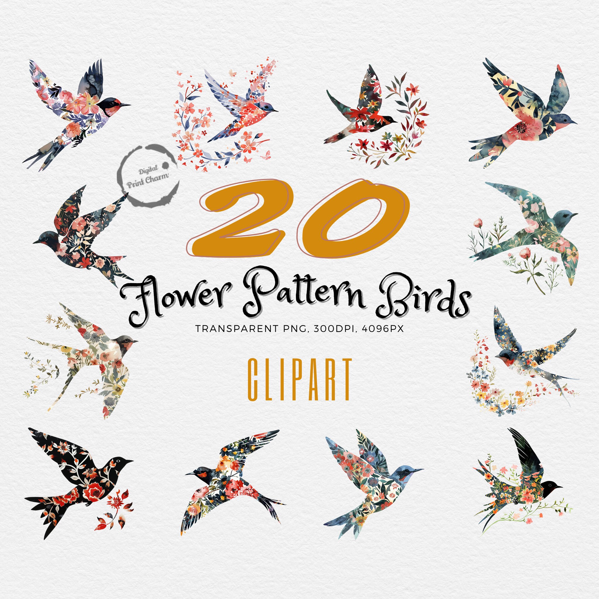 Floral Bird Clipart Bundle 20 Watercolor Flower-patterned Bird ...