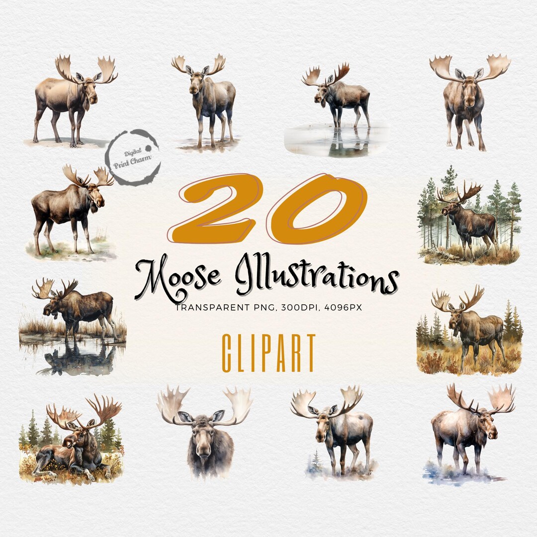 20 Watercolor Moose Bundle | Realistic Digital Clipart Prints | Perfect ...
