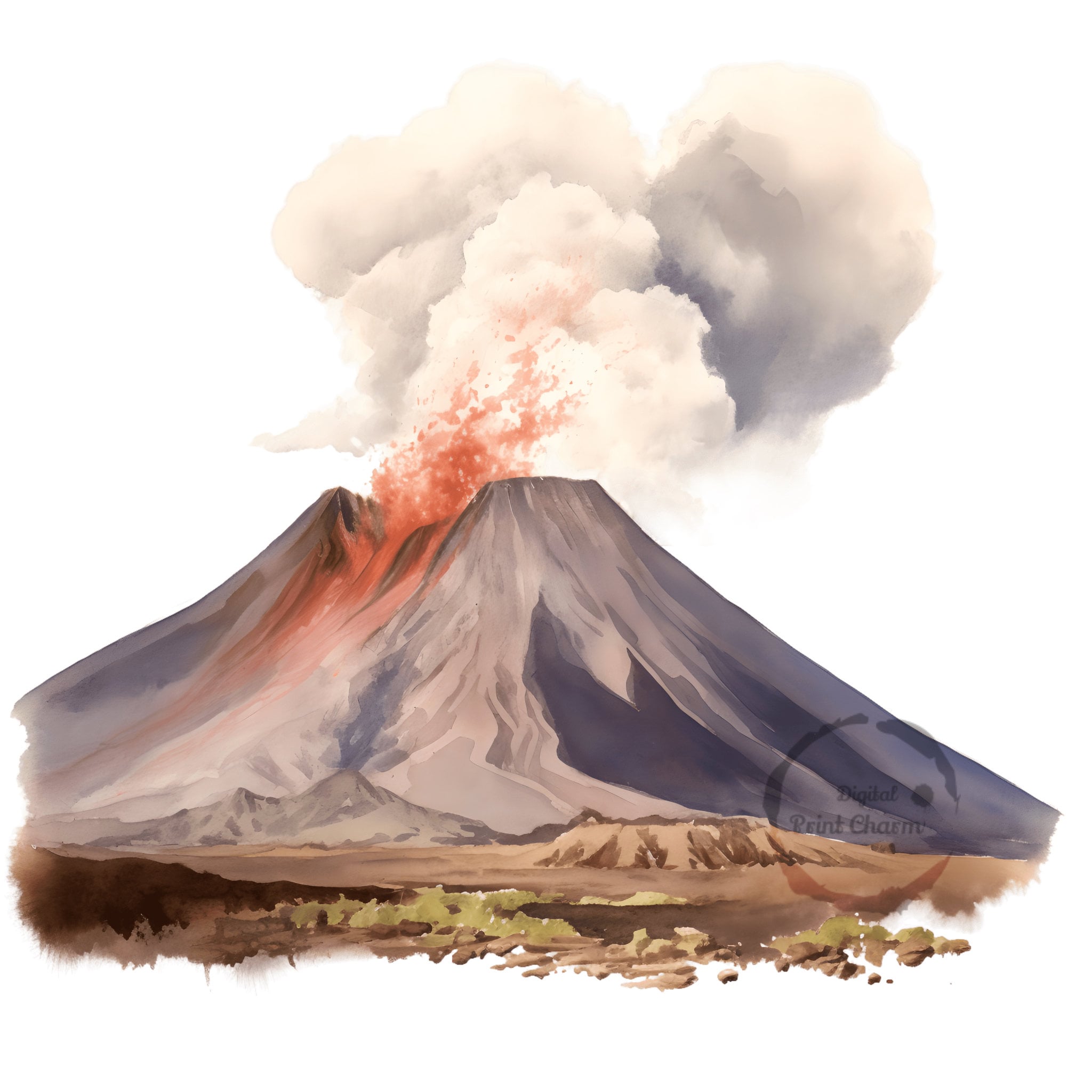 16 Erupting Volcanoes Clipart Watercolor Paintings Digitized ...