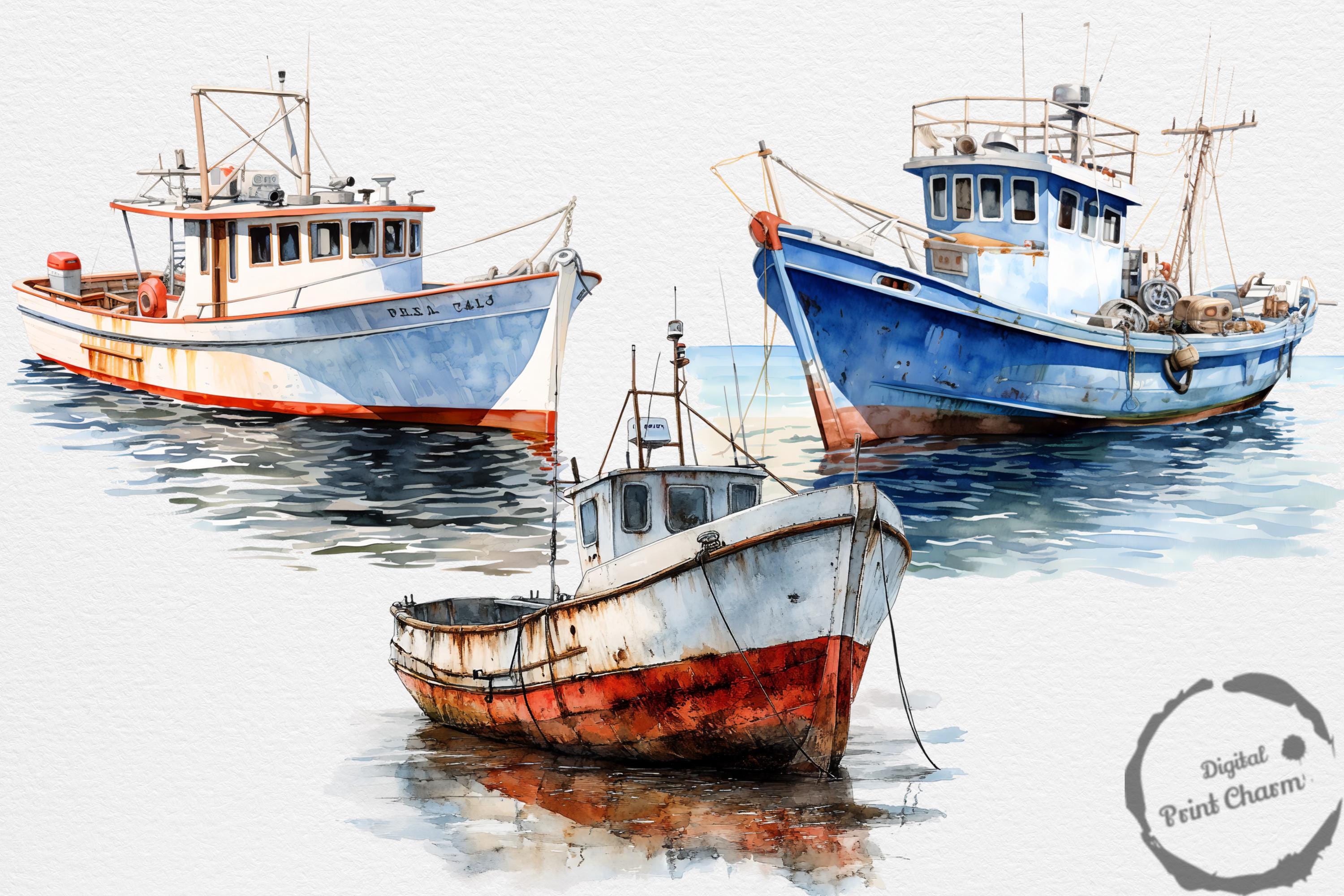 Fishing Boat Watercolor Bundle | 20 Realistic Digital Prints | Ideal ...