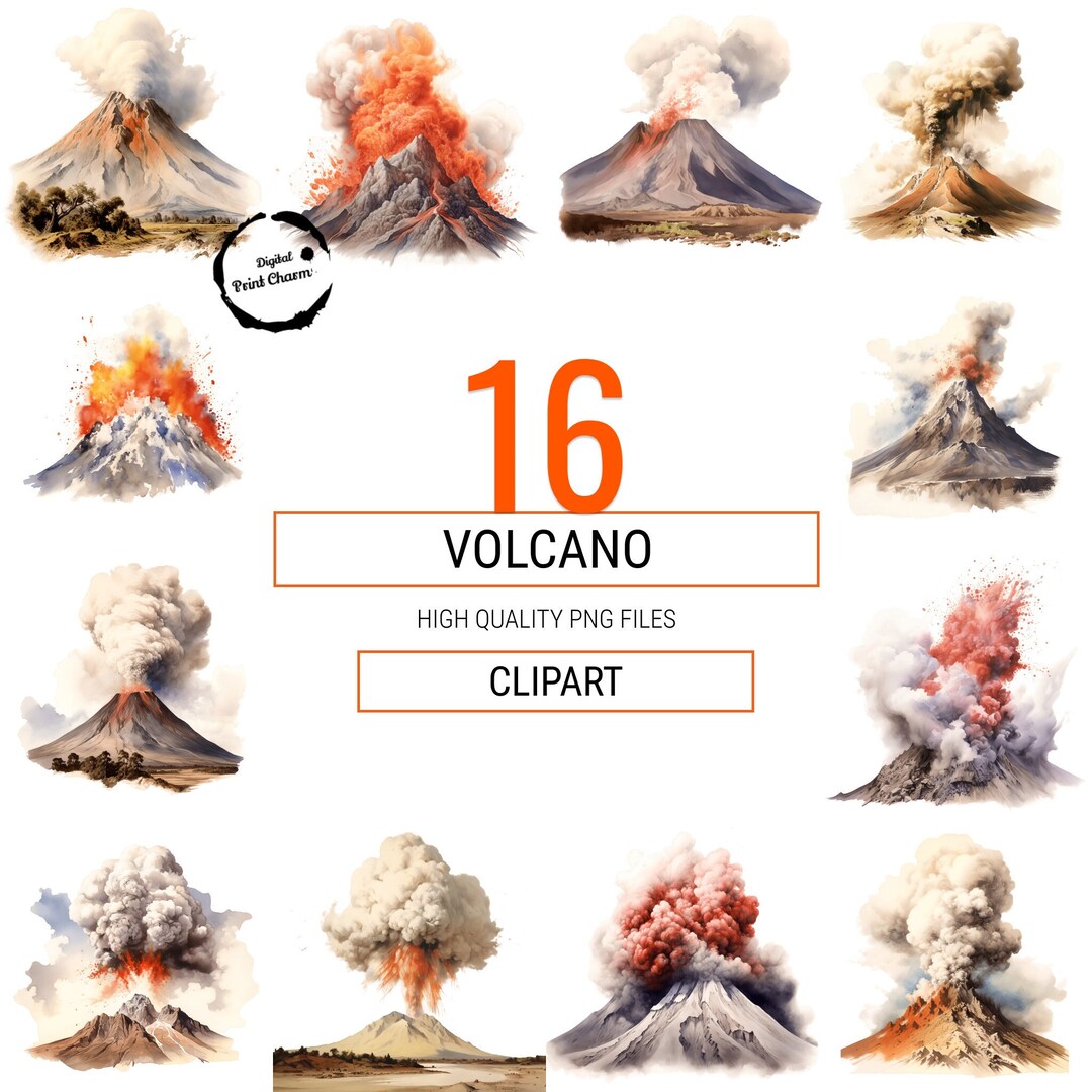16 Erupting Volcanoes Clipart Watercolor Paintings Digitized ...