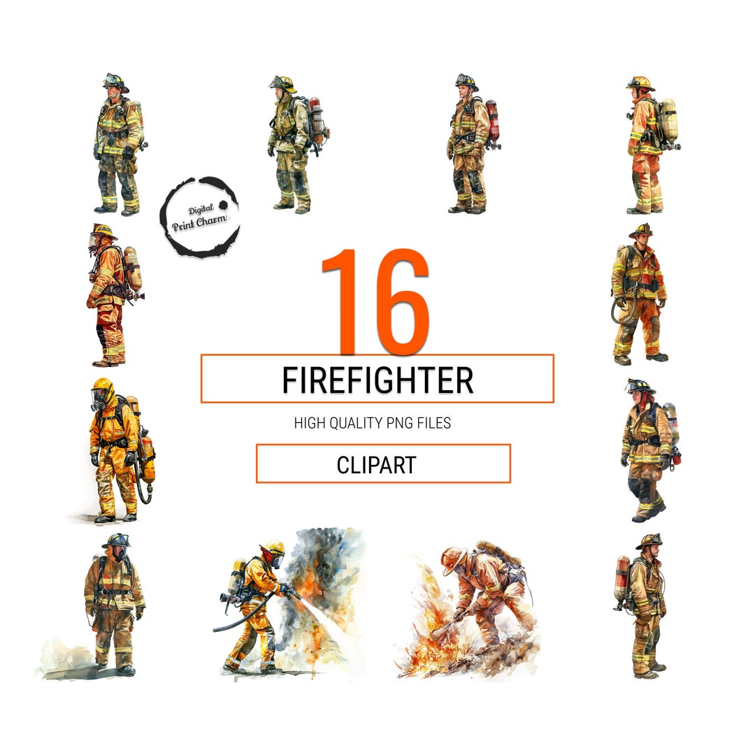 Firefighter Clipart Bundle | 16 Realistic Heroic Firefighter ...