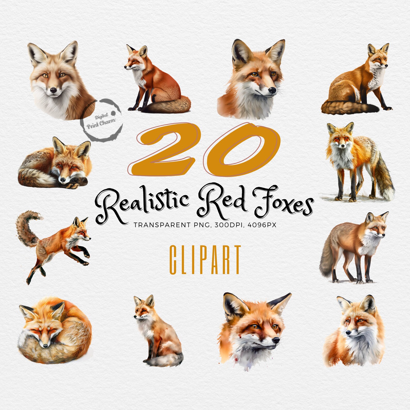 Charming Red Fox Watercolor Set 20 Realistic Fox Digital Prints ...