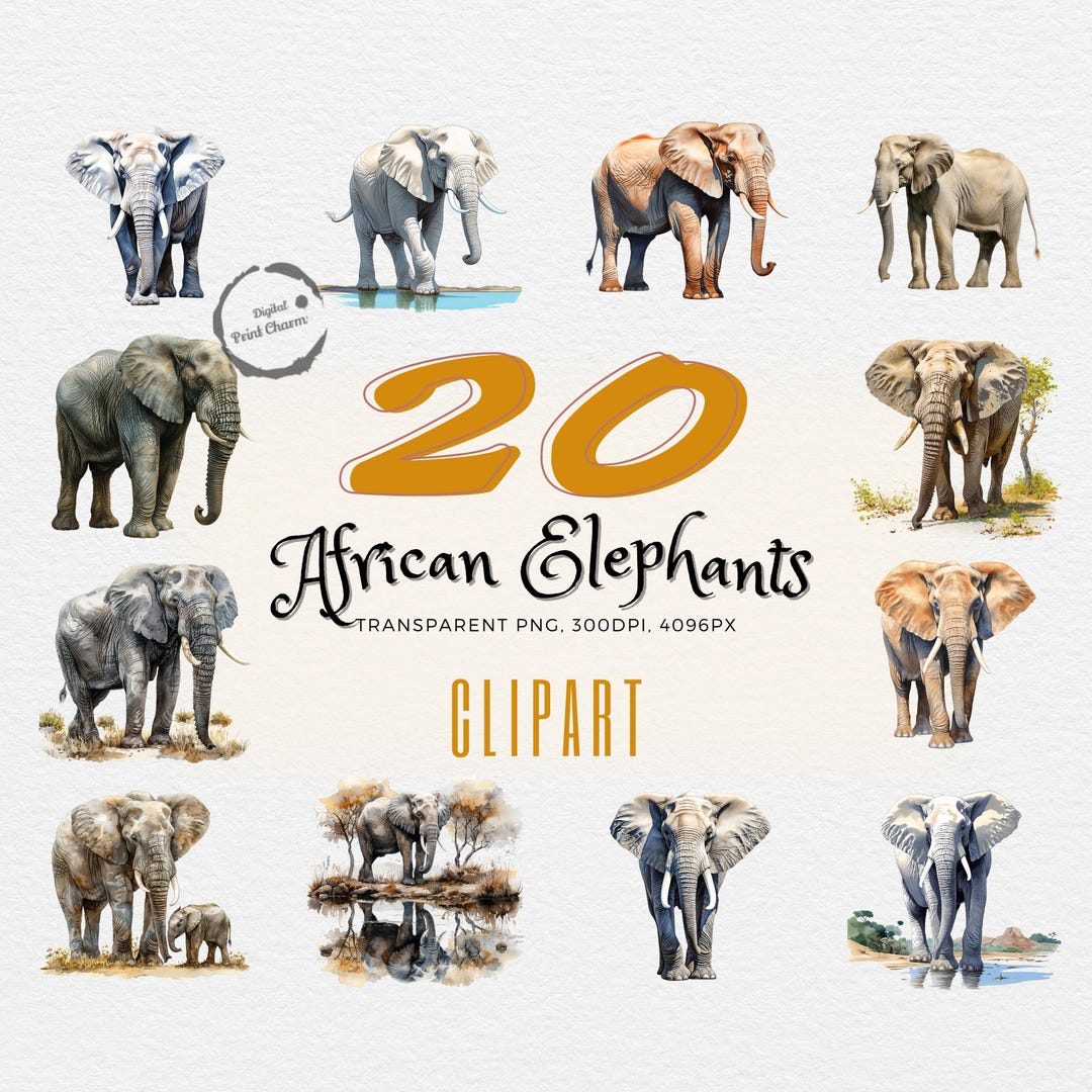 20 Realistic Elephant Prints | Watercolor Digital Clipart | Essential ...