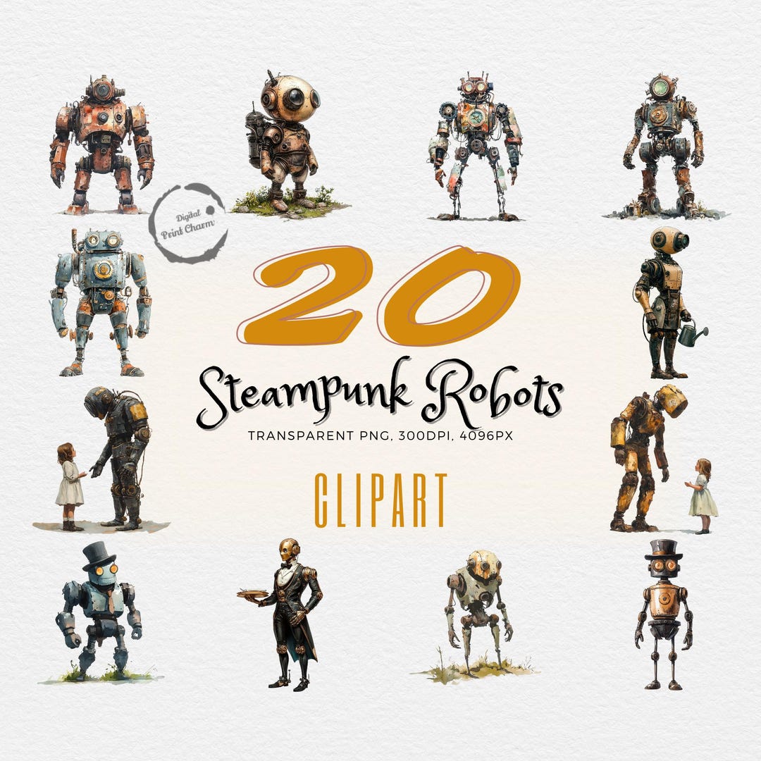 Steampunk Robots | 20 Victorian Clipart | Gift for Crafters | Rusty ...