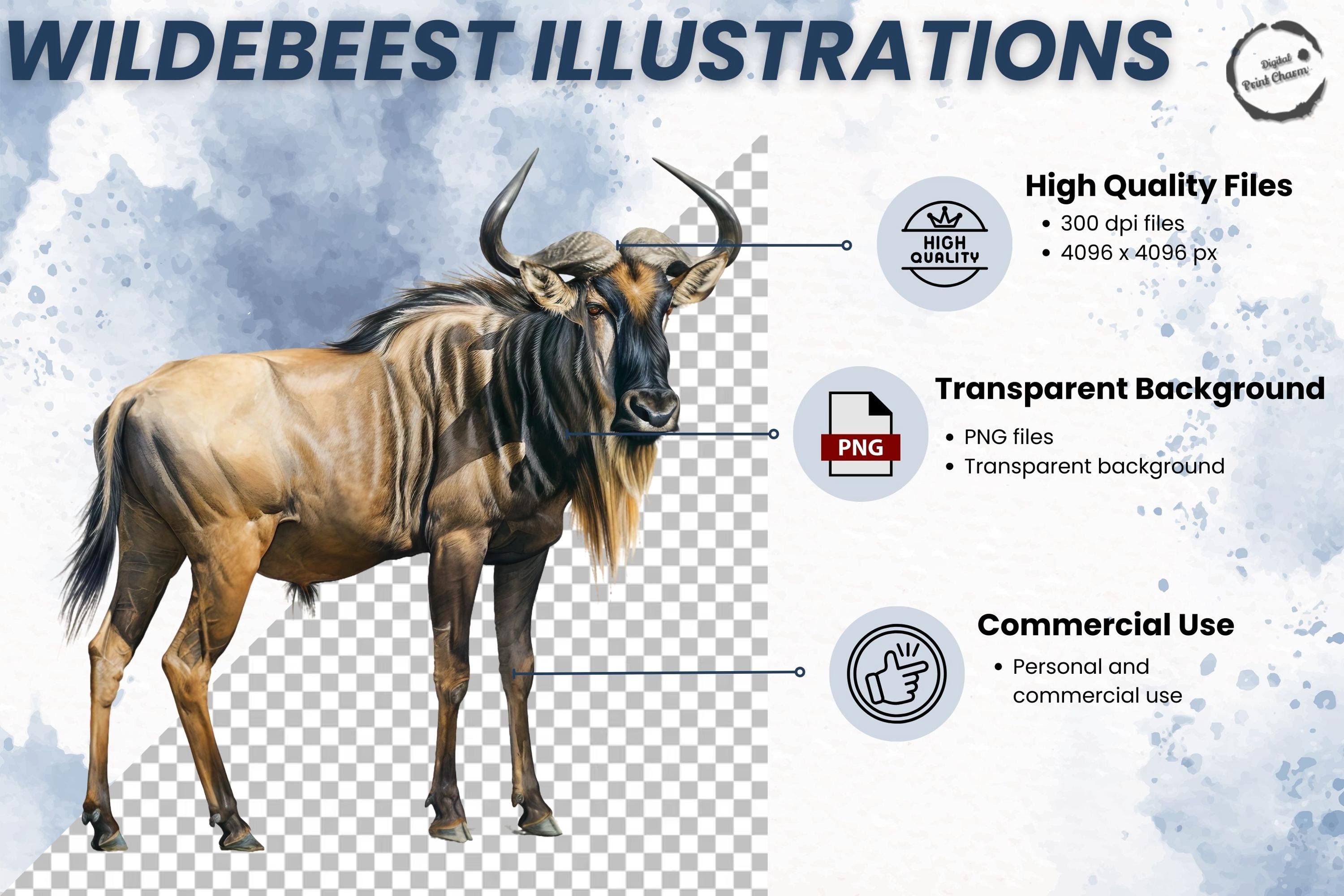 Majestic Wildebeest Clipart Set | 20 Realistic Gnu Illustrations ...