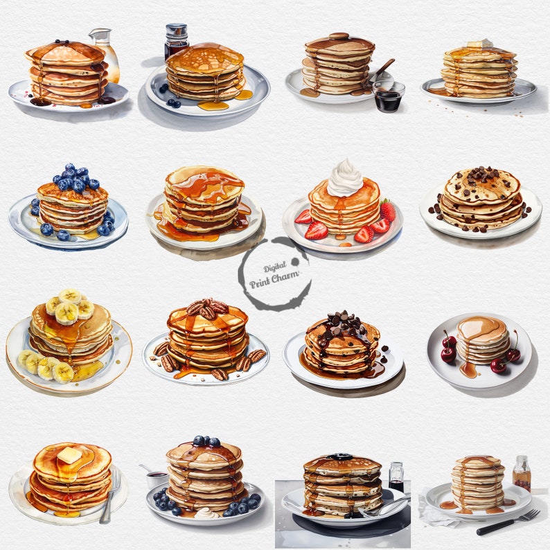 Yummy Pancake Watercolor Art Bundle | 20 Realistic Plate Clipart Prints ...