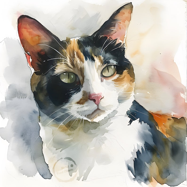 Charming Calico Cat Watercolor Clipart 16 Realistic Feline Portraits ...