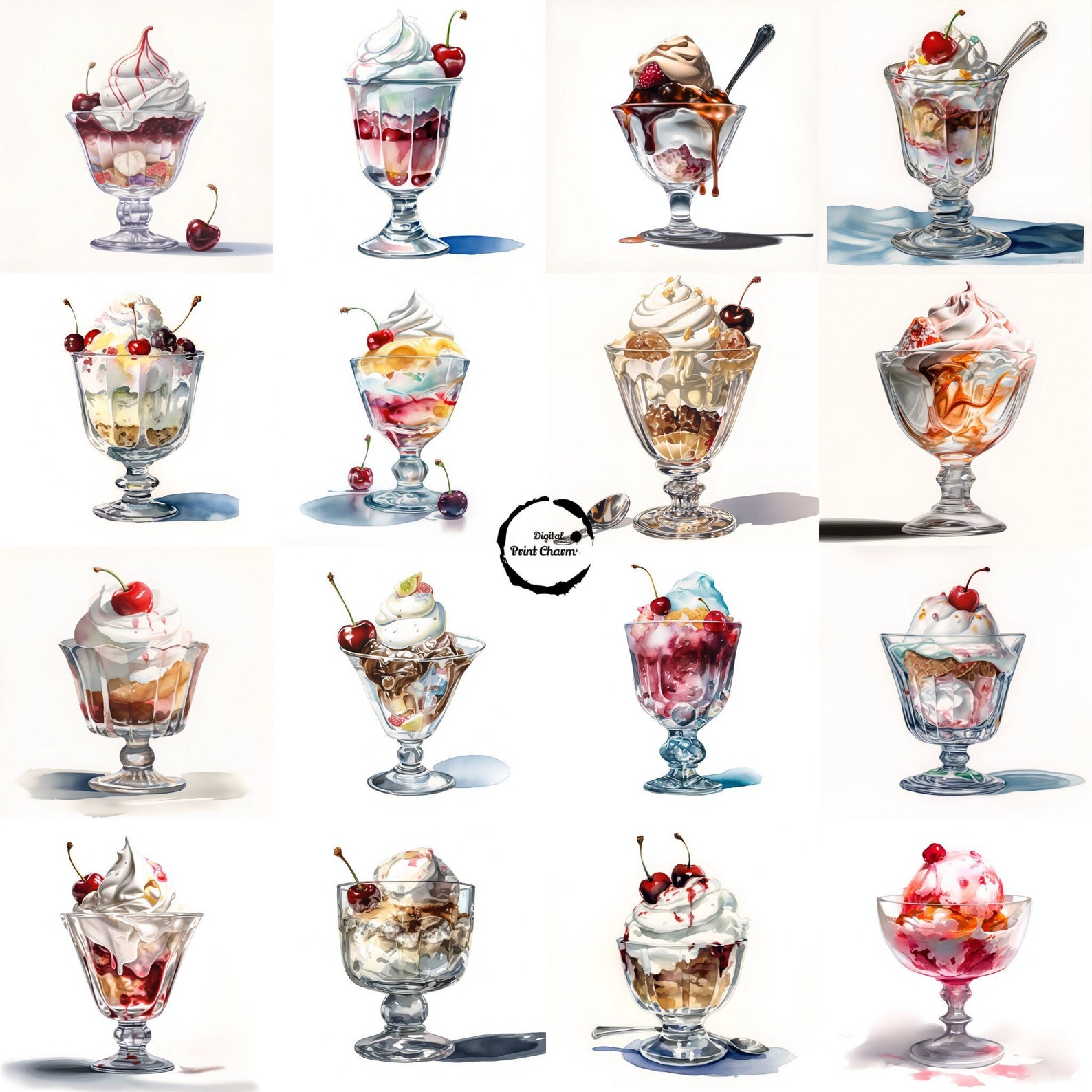 Sundae Ice Cream Watercolor Clipart Bundle 16 Whimsical - Etsy