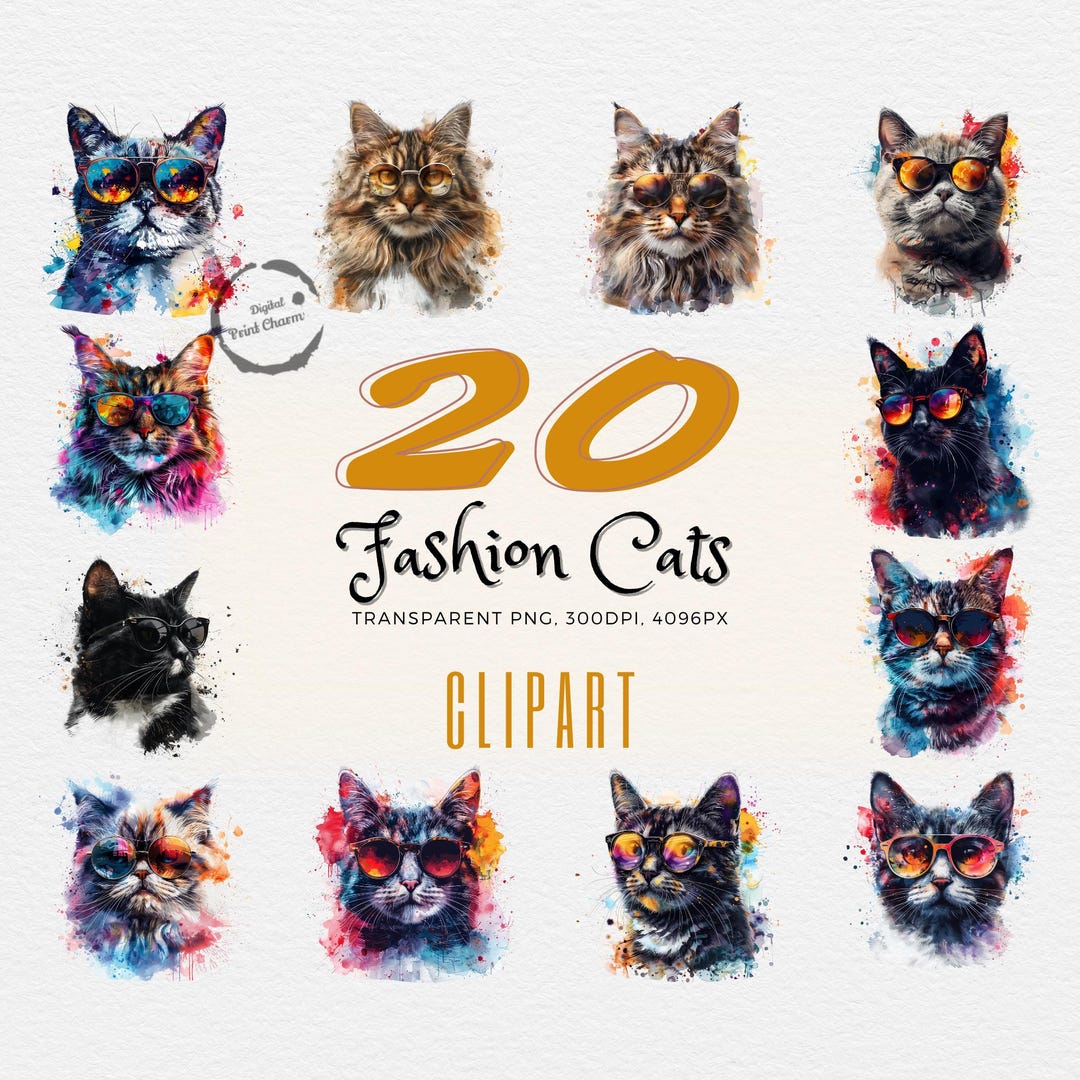 Cool Cats Wearing Sunglasses Clipart Bundle | 20 Watercolor ...