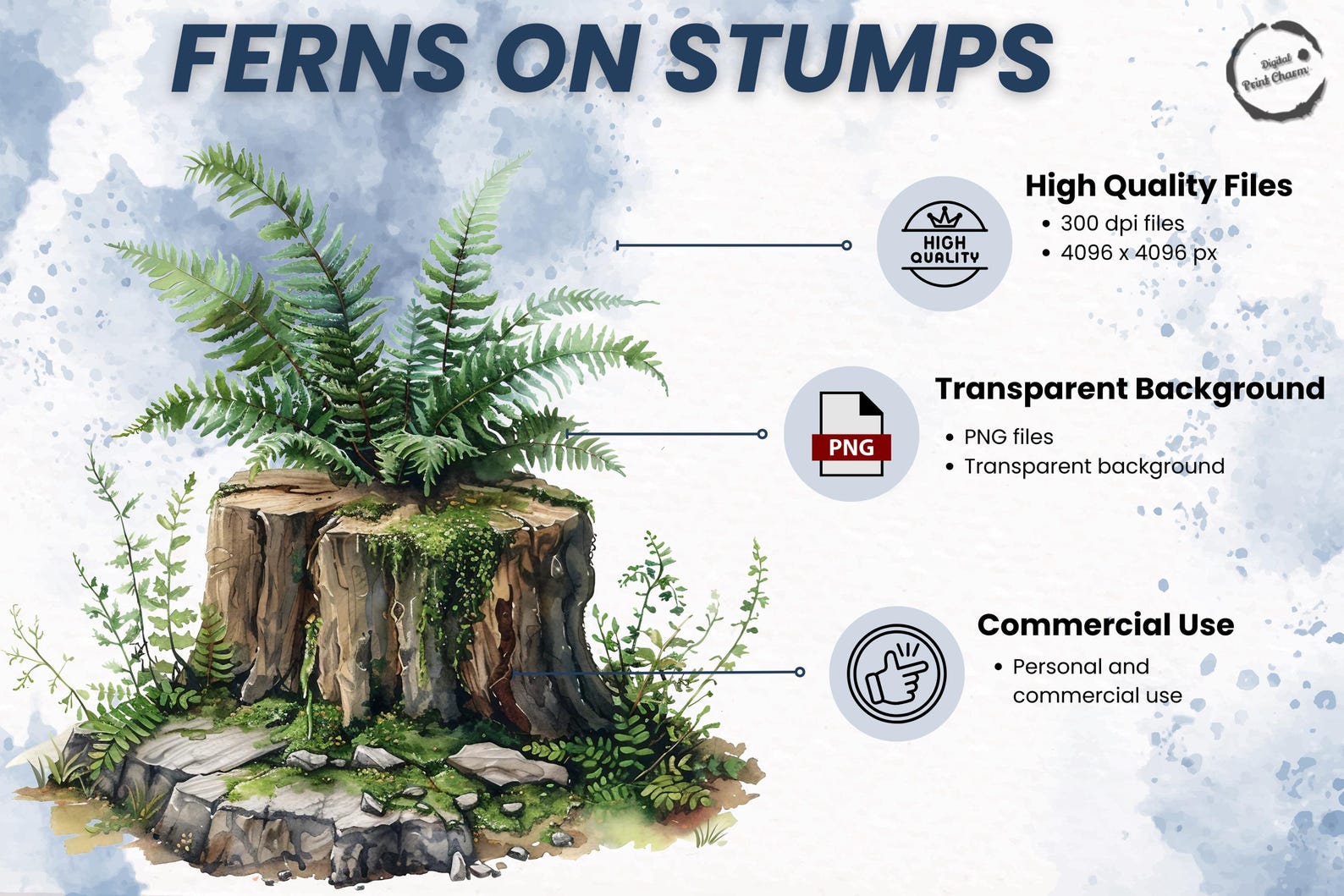 Watercolor Ferns & Tree Stumps | Realistic Digital Prints | 20 Clipart ...