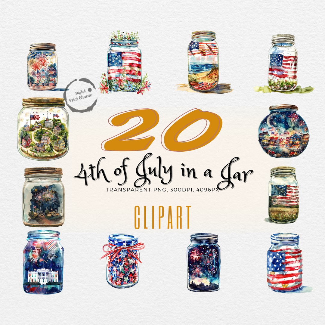 4th of July Scenes in a Jar Clipart Bundle | 20 Watercolor ...