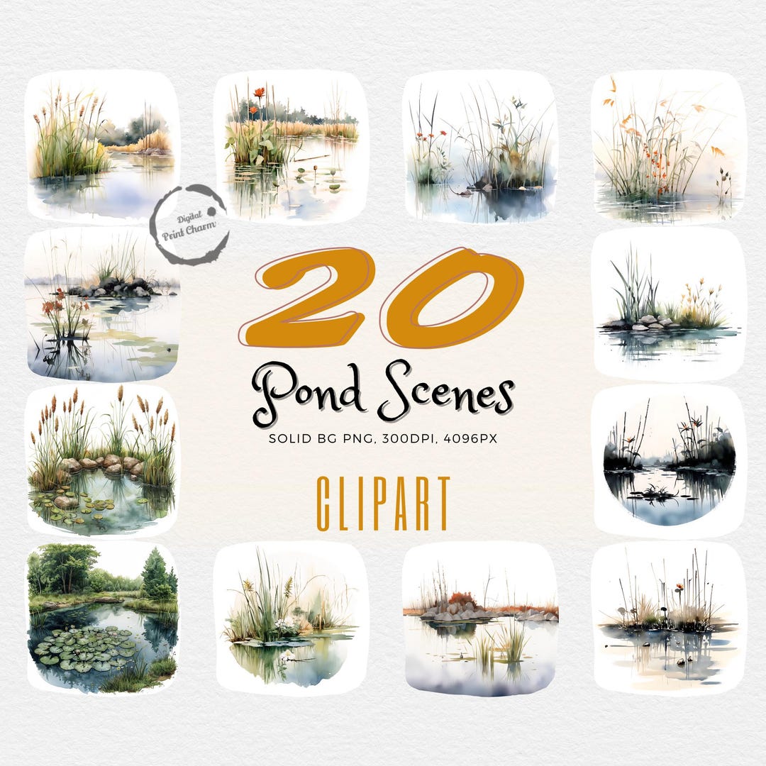 Pond Scene Clipart - 20 Watercolor Prints | Realistic Art Bundle ...