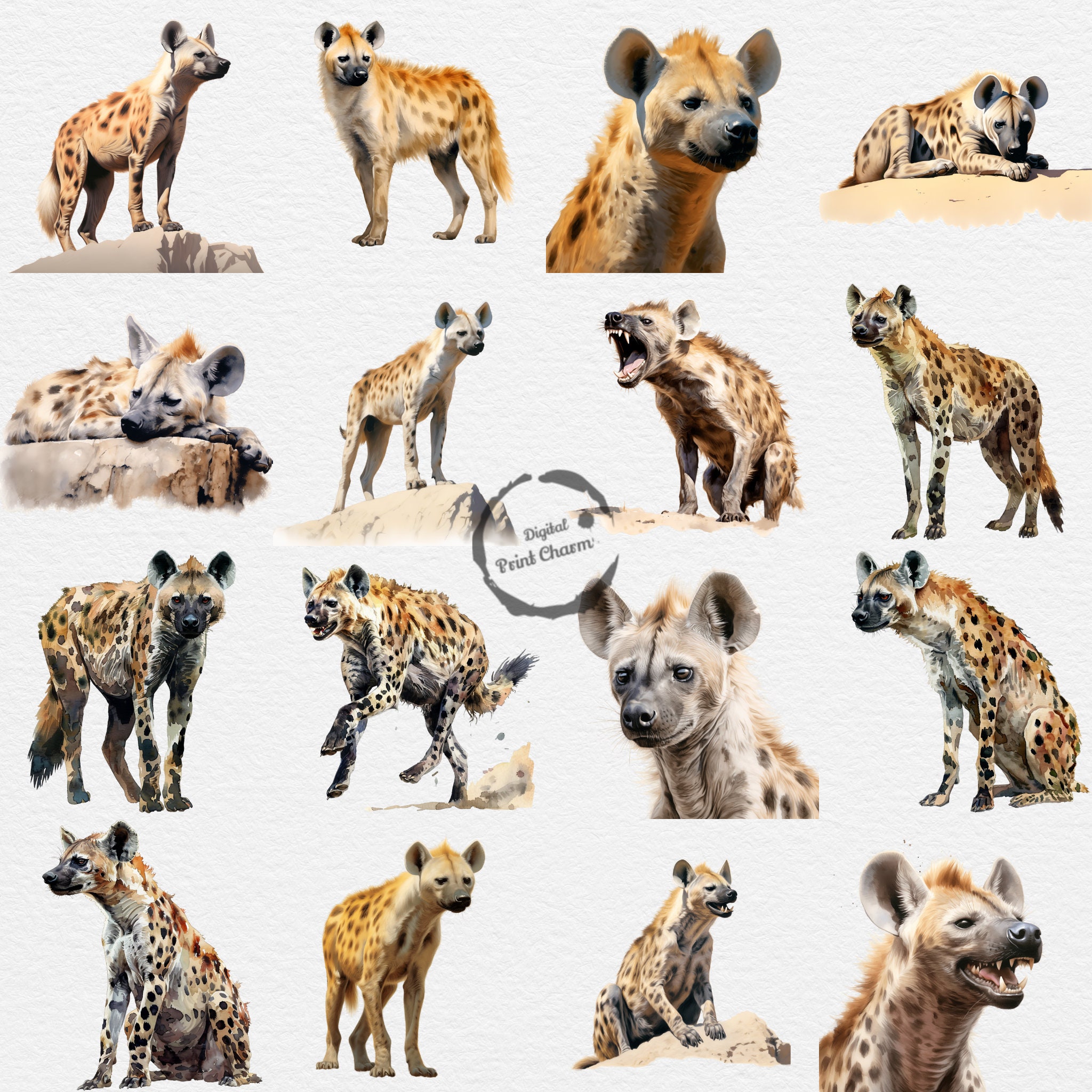 20 Hyena Clipart Digital Prints Realistic Watercolor Art Perfect for ...