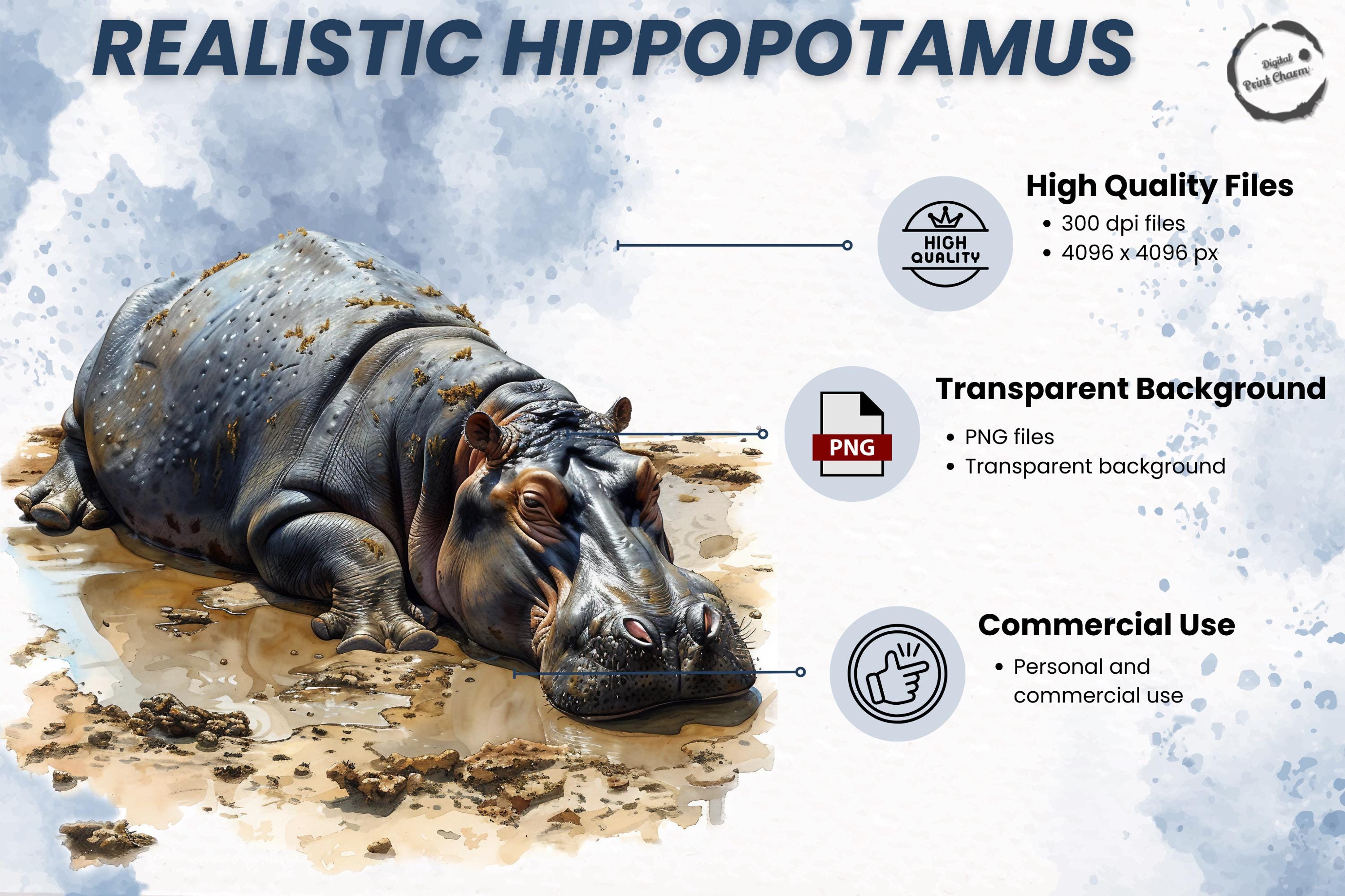 20 Realistic Hippo Prints Watercolor Digital Clipart Essential for ...