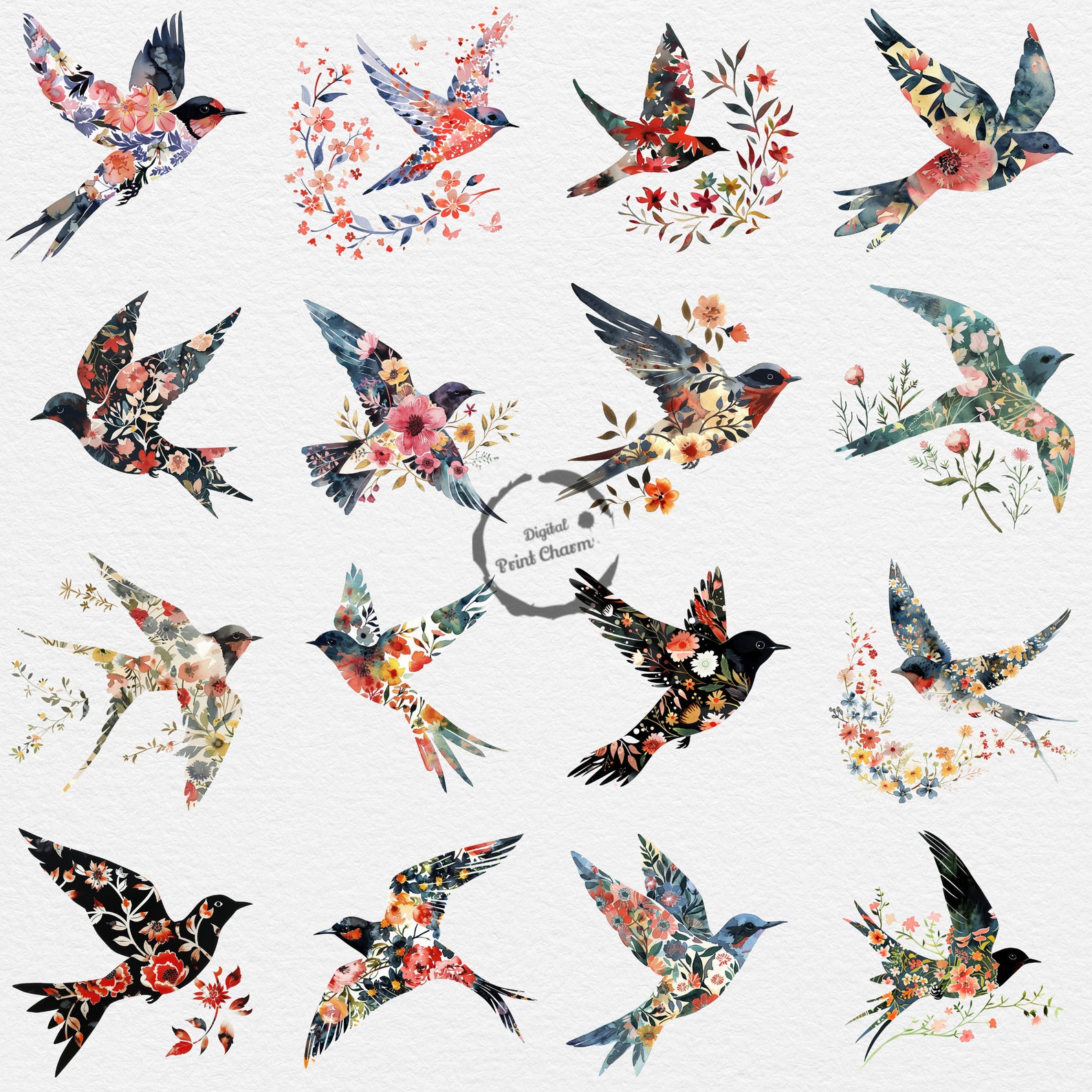 Floral Bird Clipart Bundle 20 Watercolor Flower-patterned Bird ...