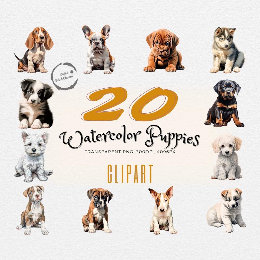 20 Assorted Puppy Watercolor Prints | Realistic Dog Clipart Bundle ...