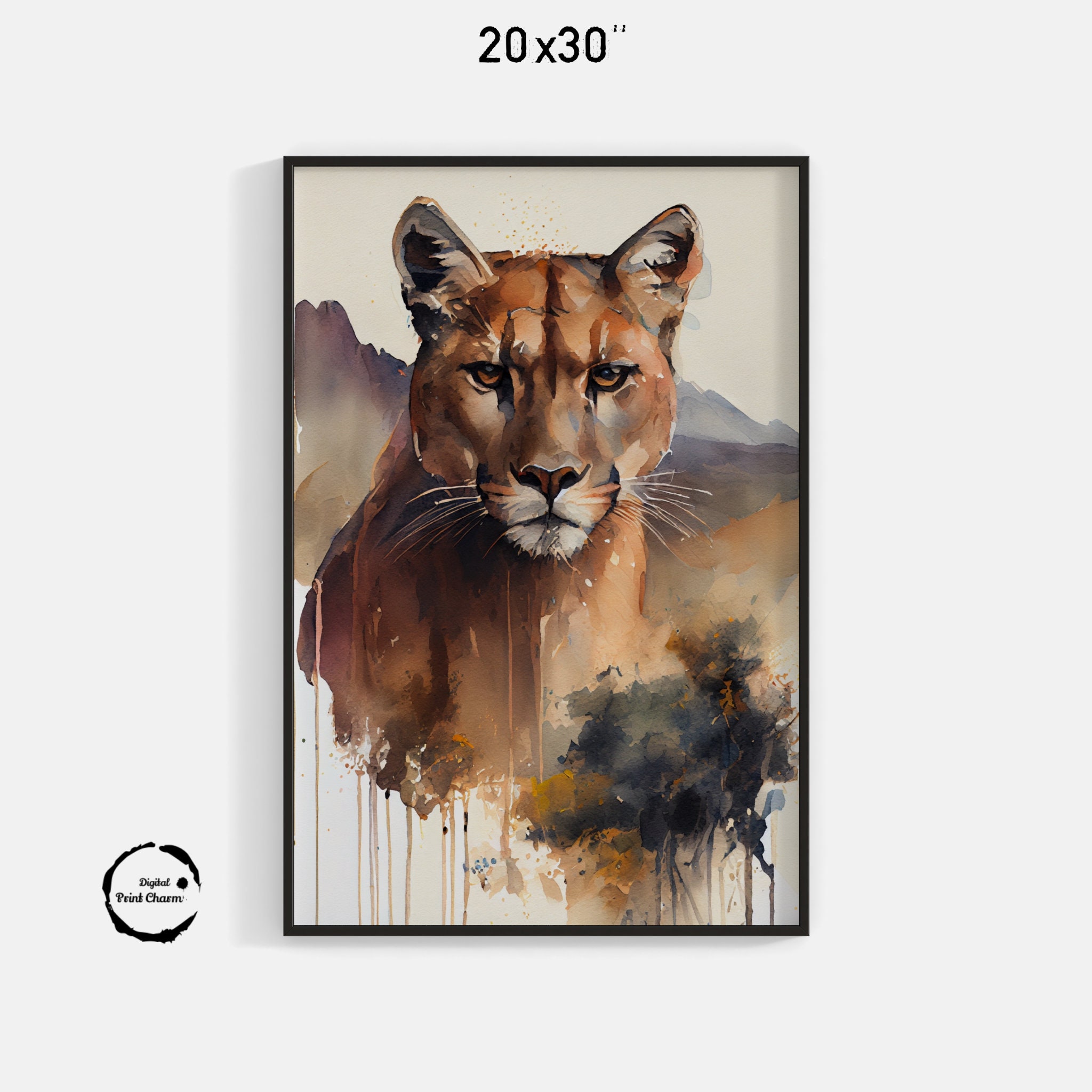Majestic Mountain Lion | Realistic Puma Watercolor Portrait | Wildlife ...