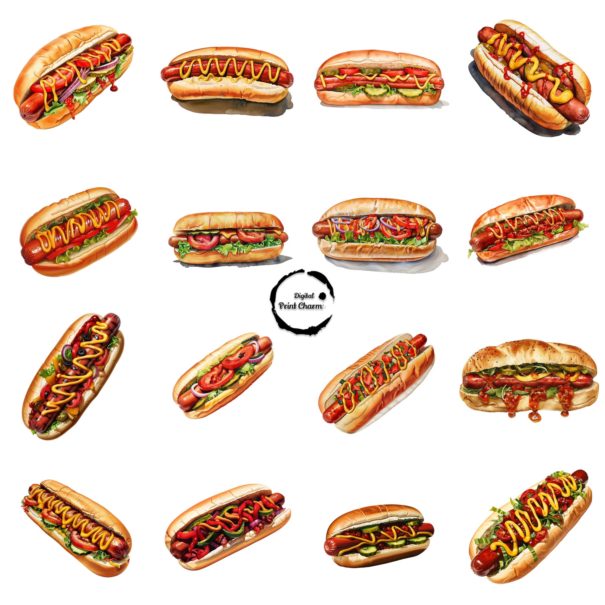 Sizzling Hotdog Clipart Bundle 16 Realistic Fast Food Illustrations ...