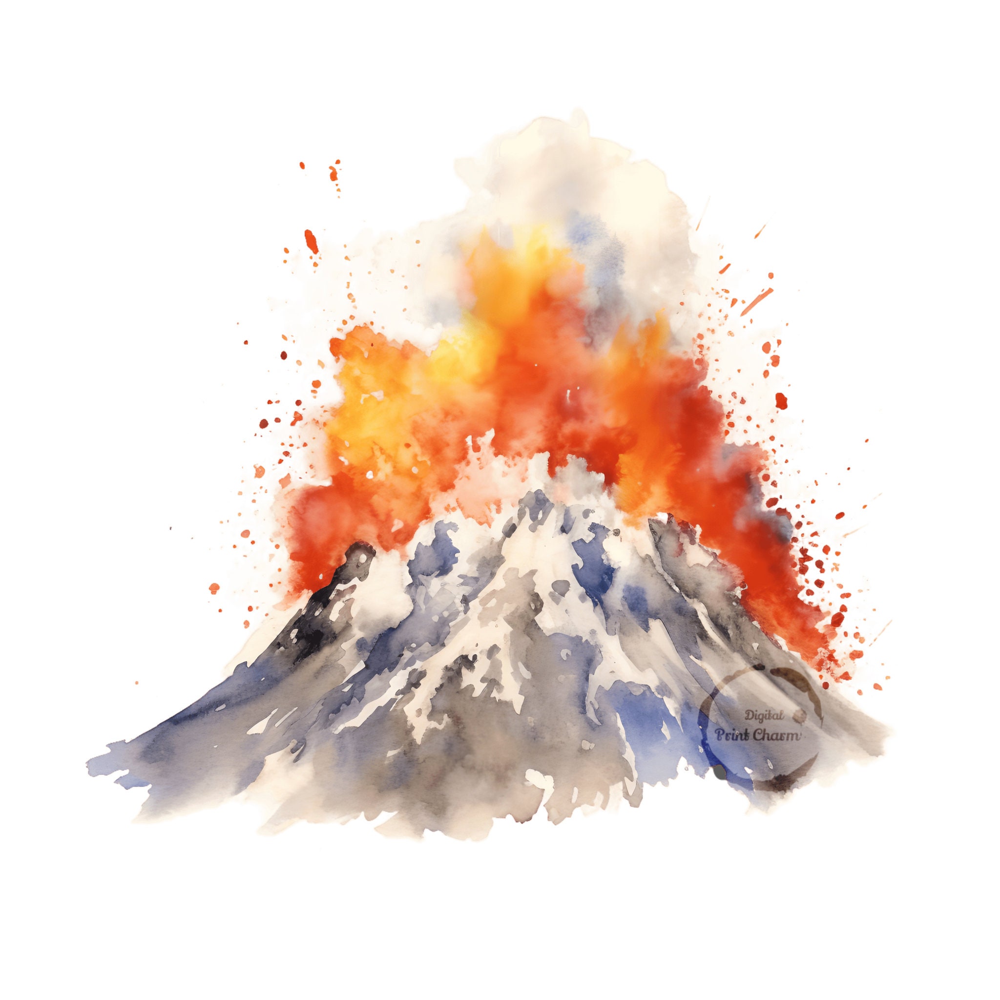16 Erupting Volcanoes Clipart Watercolor Paintings Digitized ...