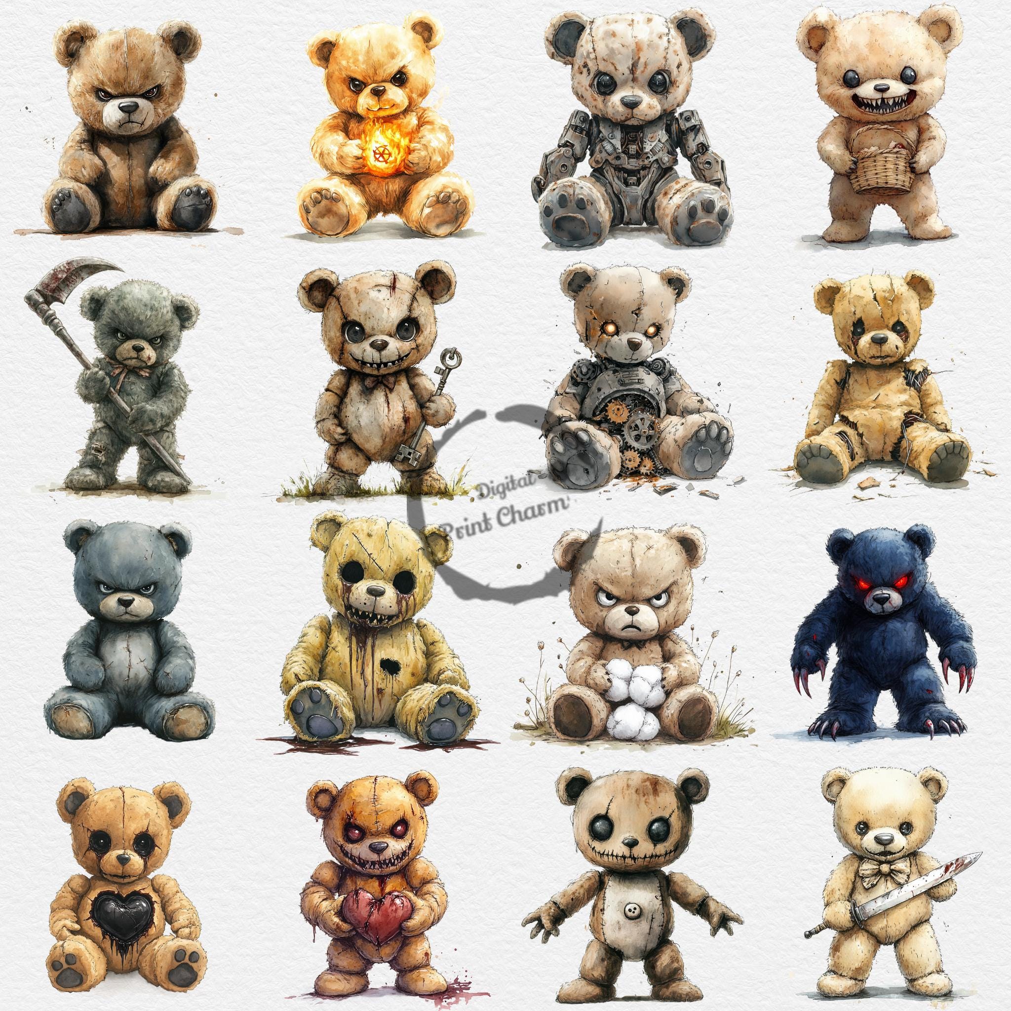 20 Realistic Creepy Evil Teddy Bears Watercolor Clipart Bundle ...