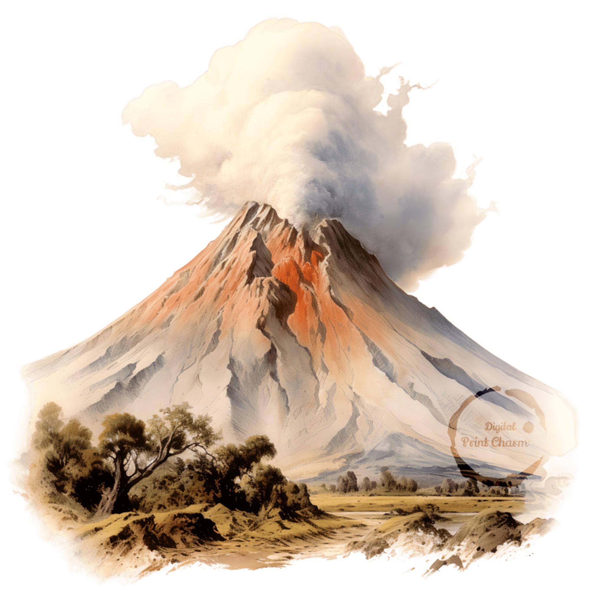 16 Erupting Volcanoes Clipart Watercolor Paintings Digitized ...