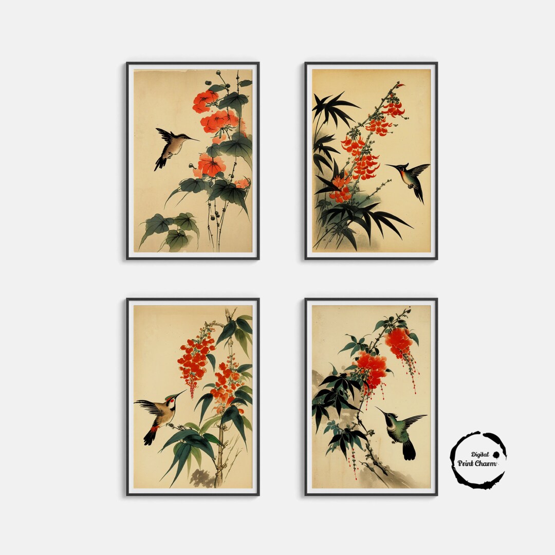 Hummingbird Chinese Ink Art Set | 4 Timeless Digital Prints of Birds ...