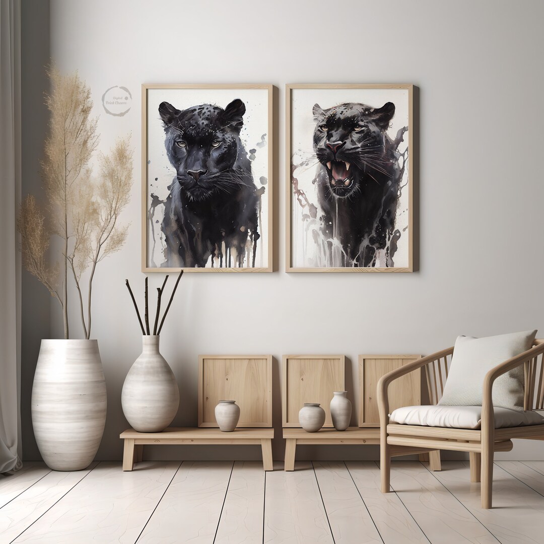 Black Panther Duo Digital Prints | Roaring & Calm | Stunning Watercolor ...
