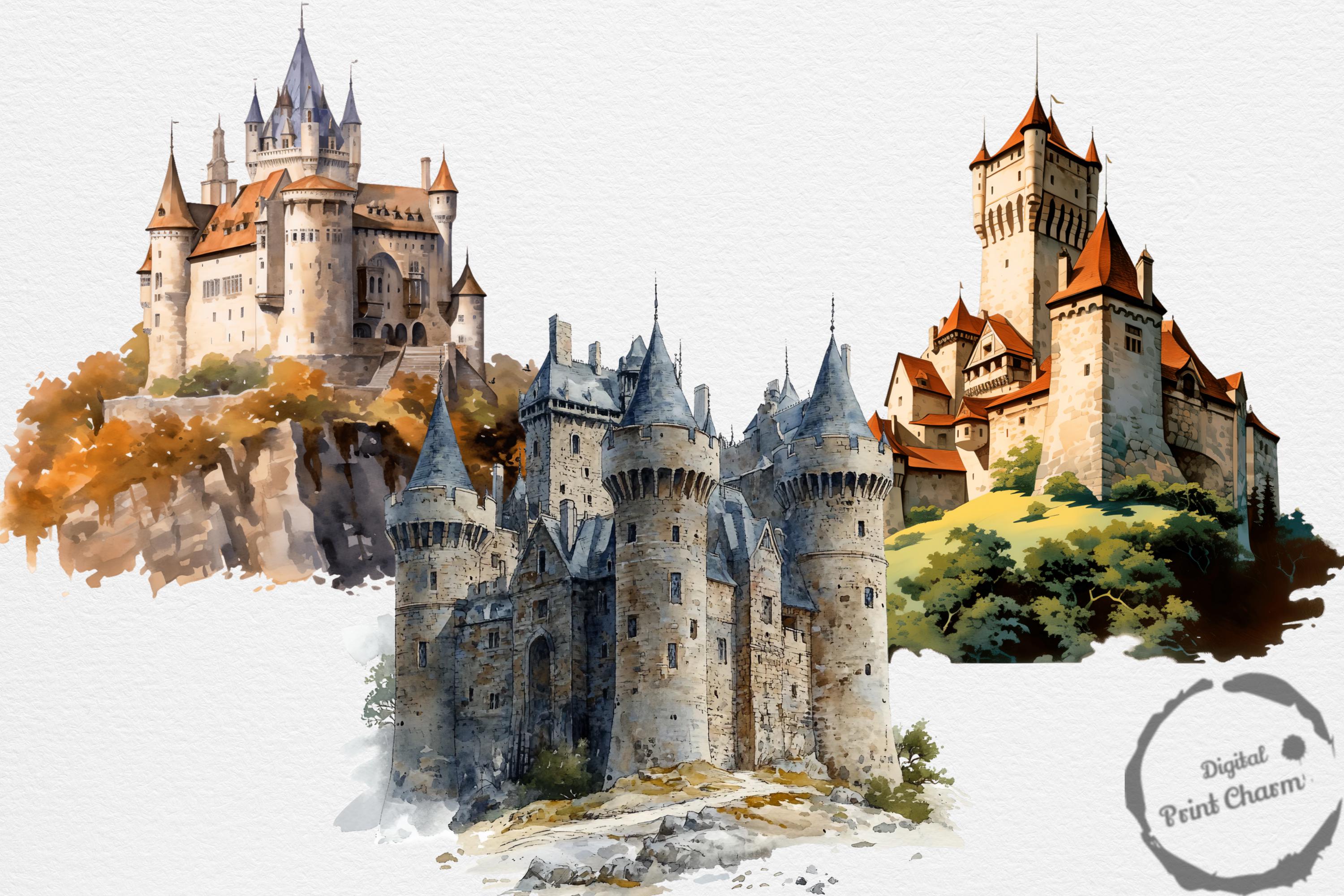 20 Medieval Castle Cliparts | Realistic Watercolor Prints | Perfect for ...