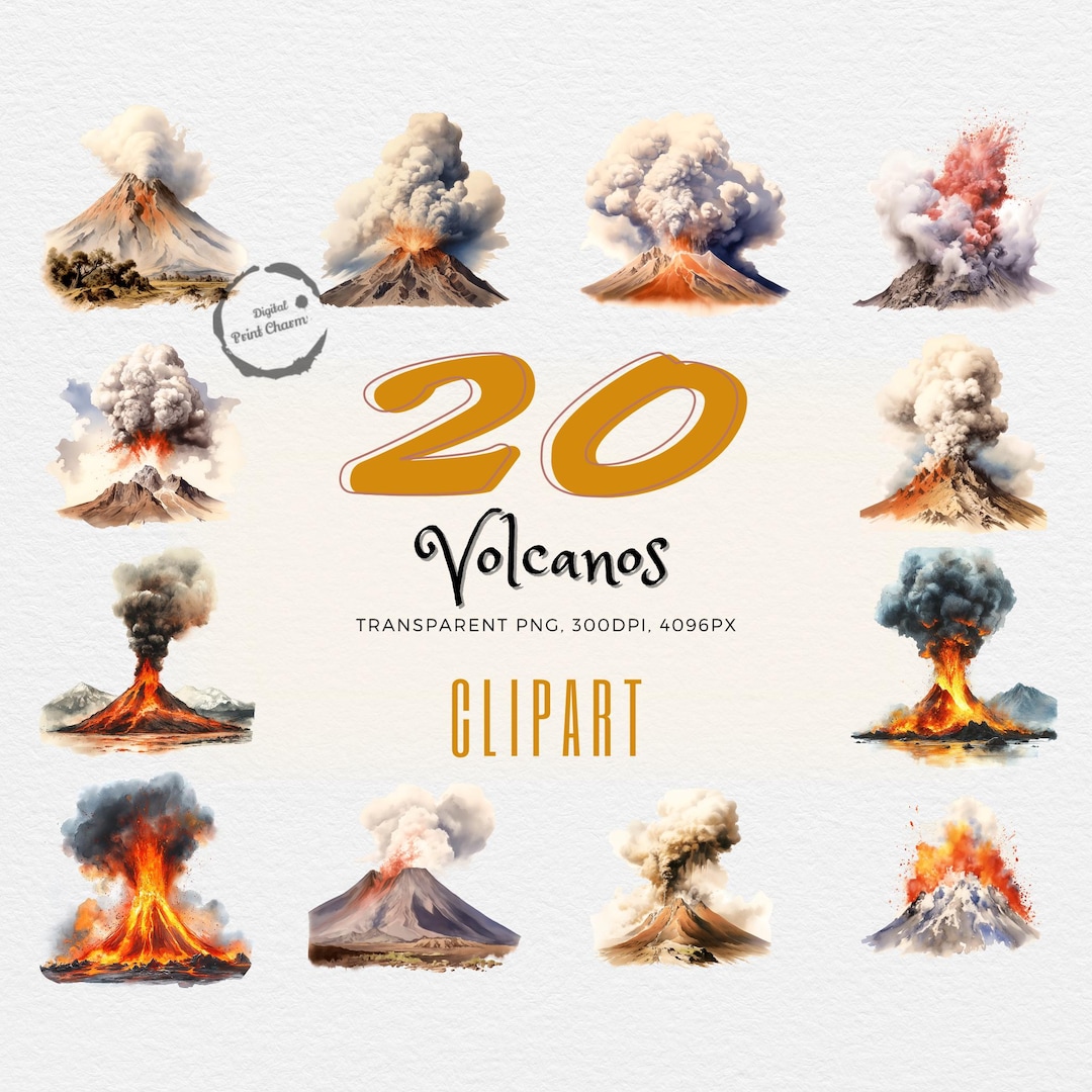 20 Erupting Volcanoes Clipart | Watercolor Paintings Digitized ...