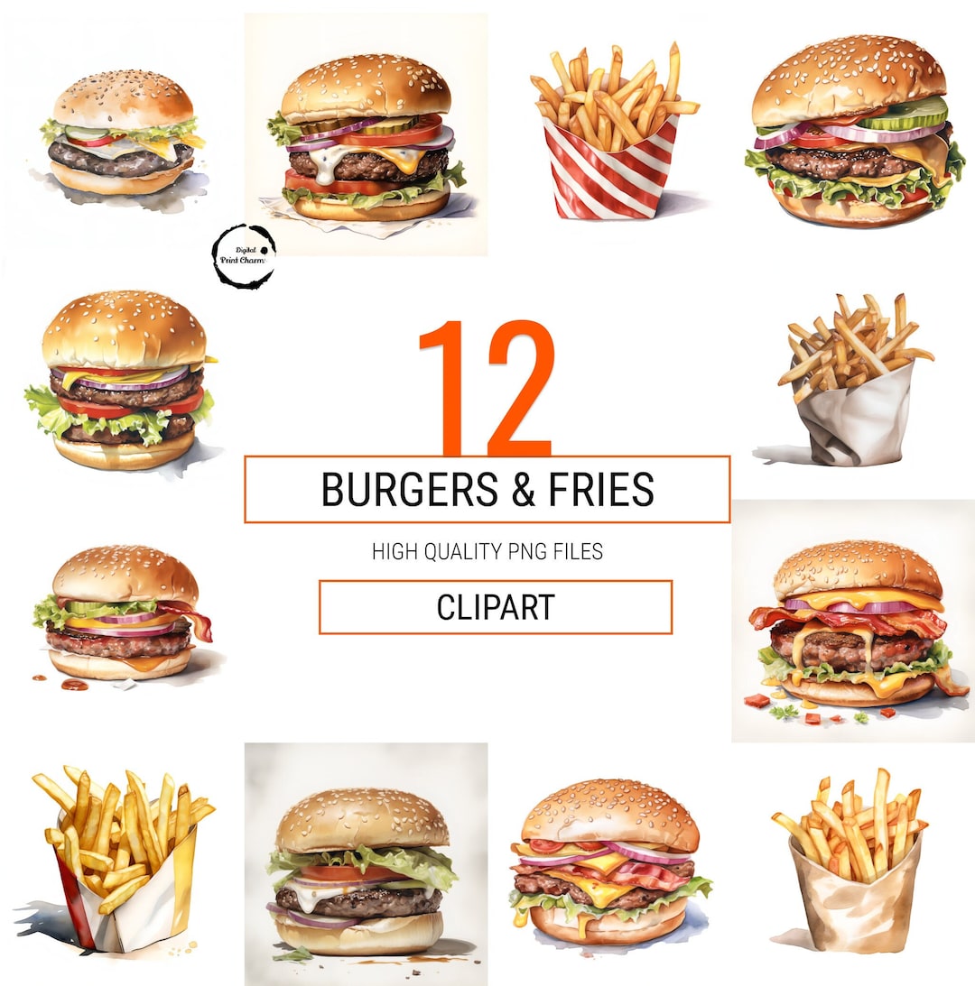 Juicy Burgers & Crispy Fries Watercolor Clipart Bundle 12 Delectable ...