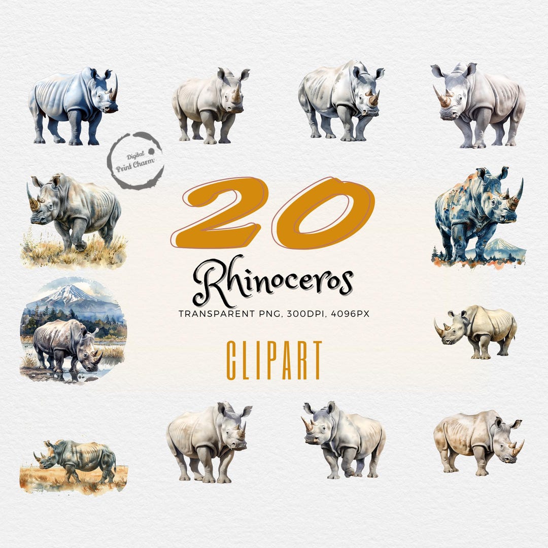 20 Rhinoceros Clipart Prints | Watercolor Realism | Ideal for Crafting ...