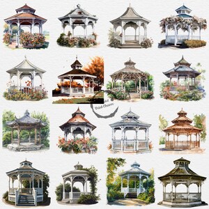 Enchanting Gazebos Watercolor Clipart Bundle | 20 Realistic Floral ...