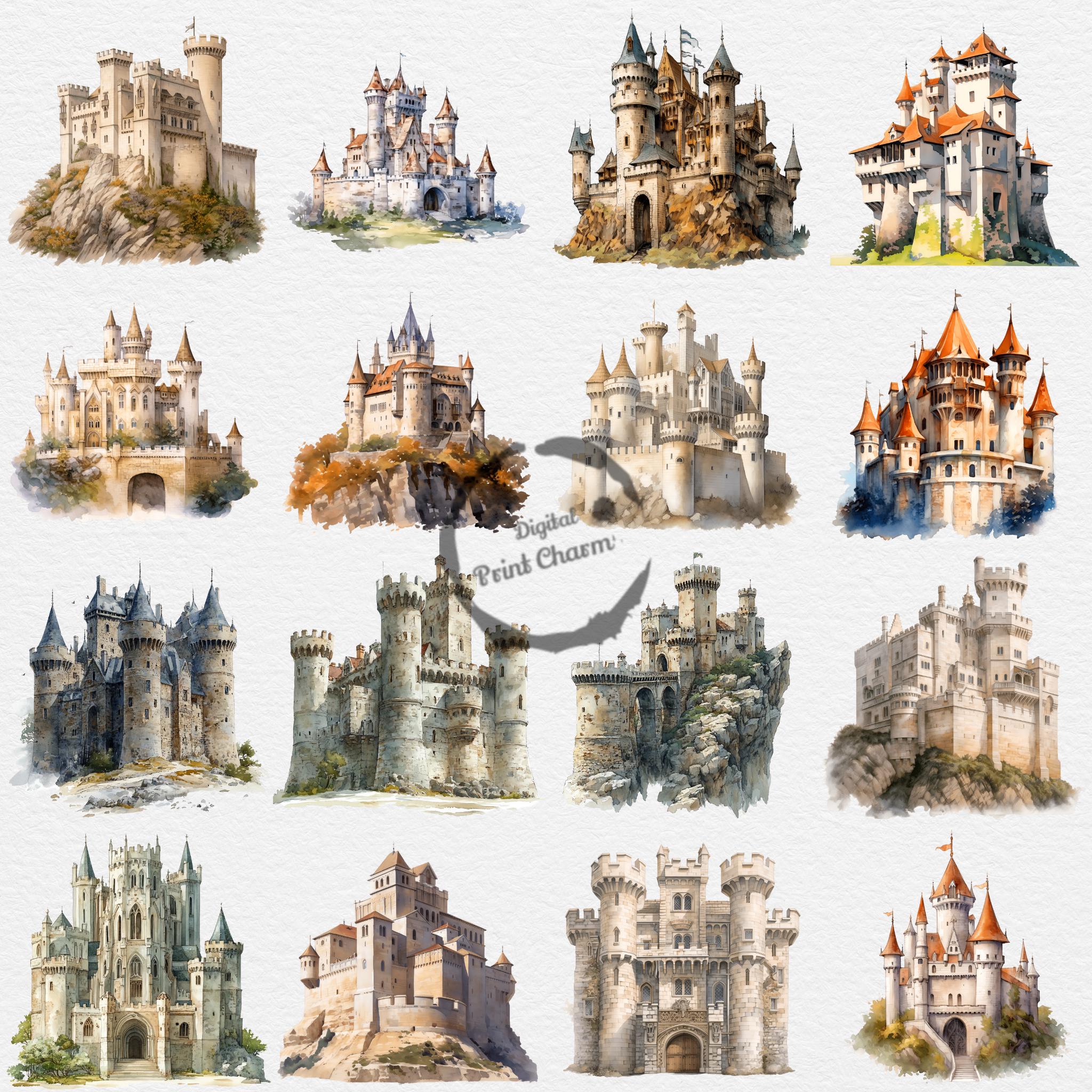20 Medieval Castle Cliparts | Realistic Watercolor Prints | Perfect for ...
